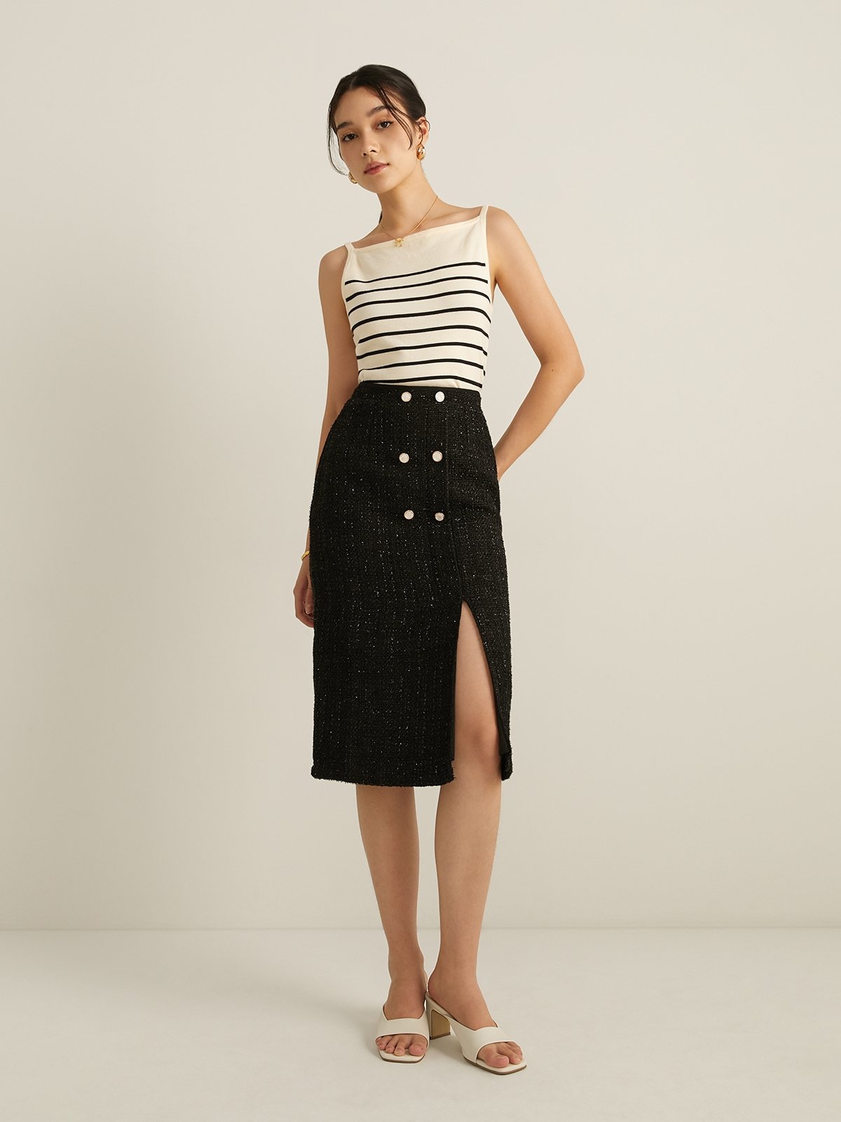 Tweed Midi Skirt - Black - Pomelo Fashion