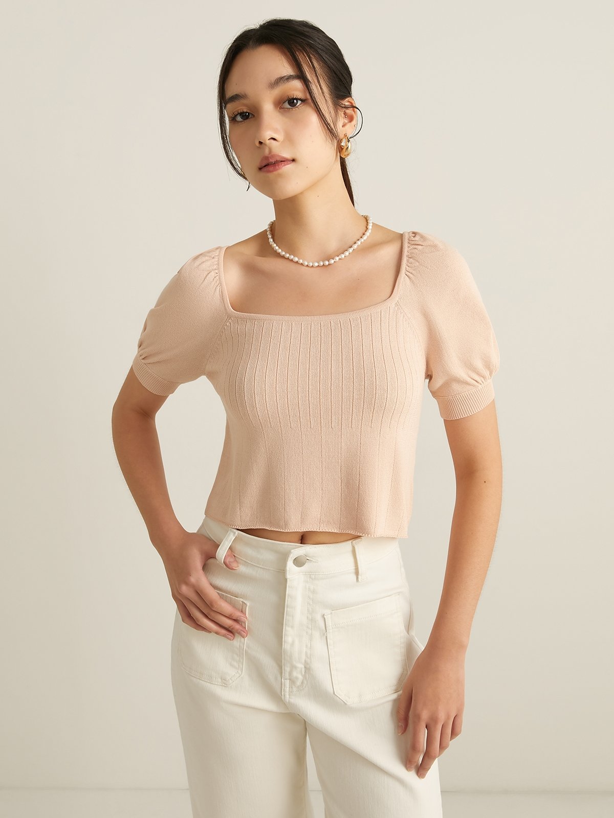 Puffed Sleeve Top - Pink - Pomelo Fashion