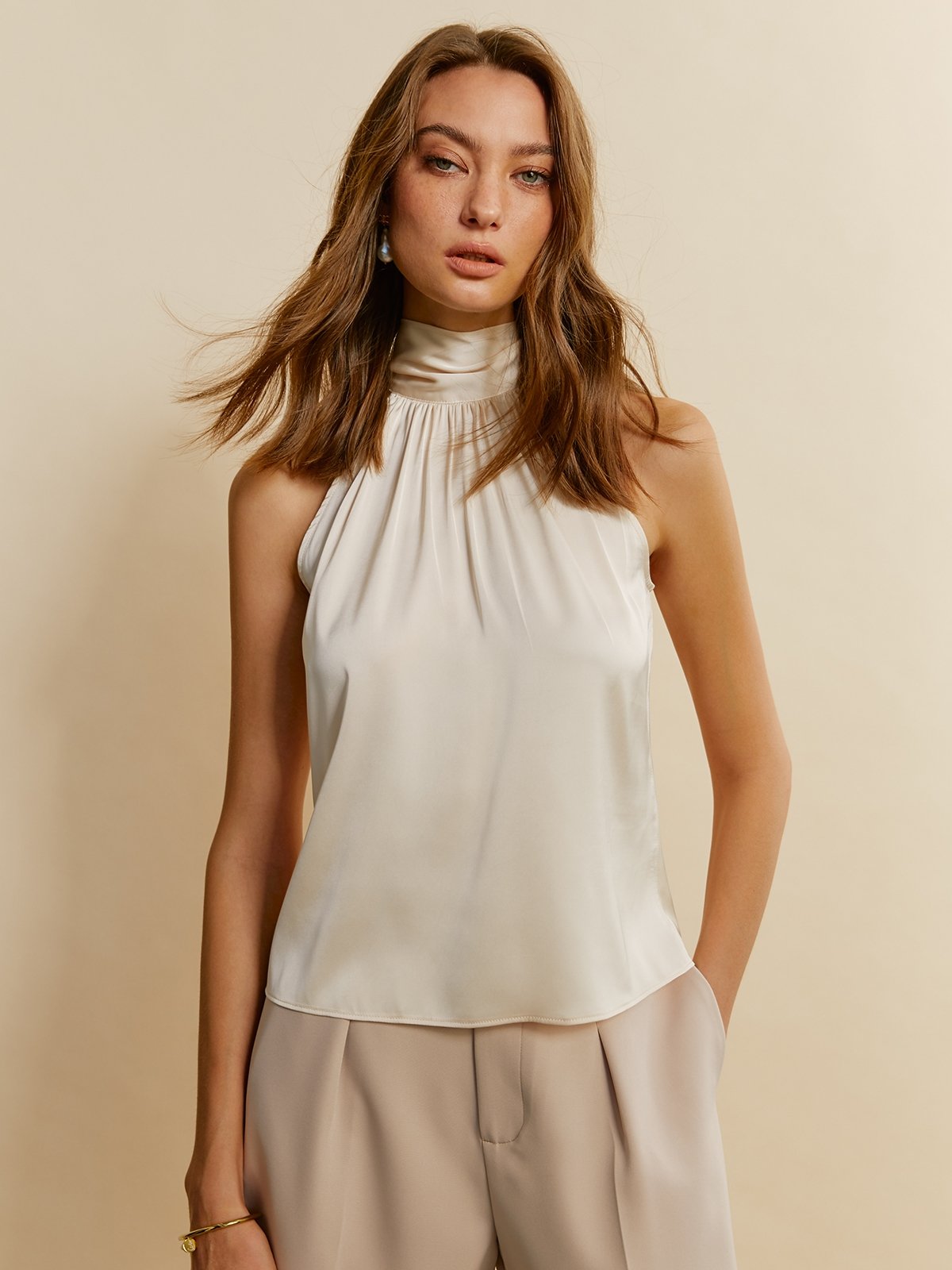 Tie Detailed Halter Top - Beige - Pomelo Fashion