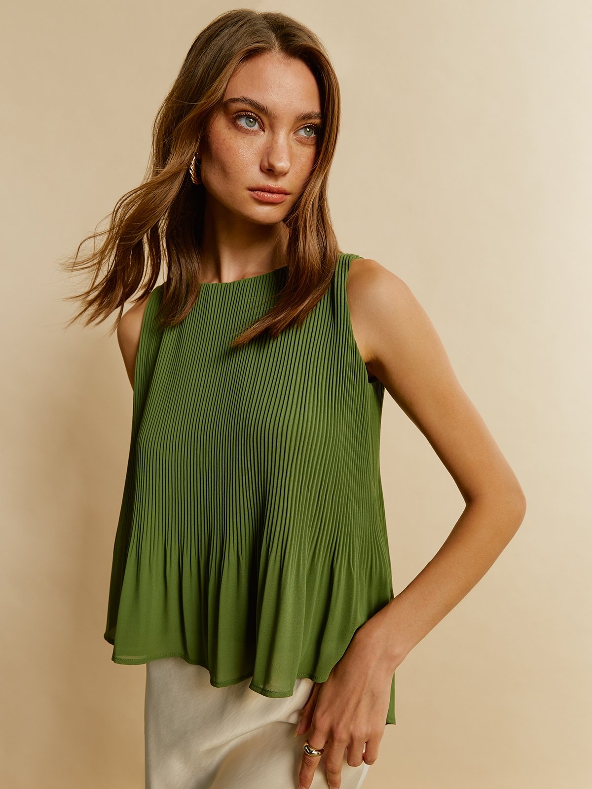 Pleated Sleeveless Top - Green - Pomelo Fashion