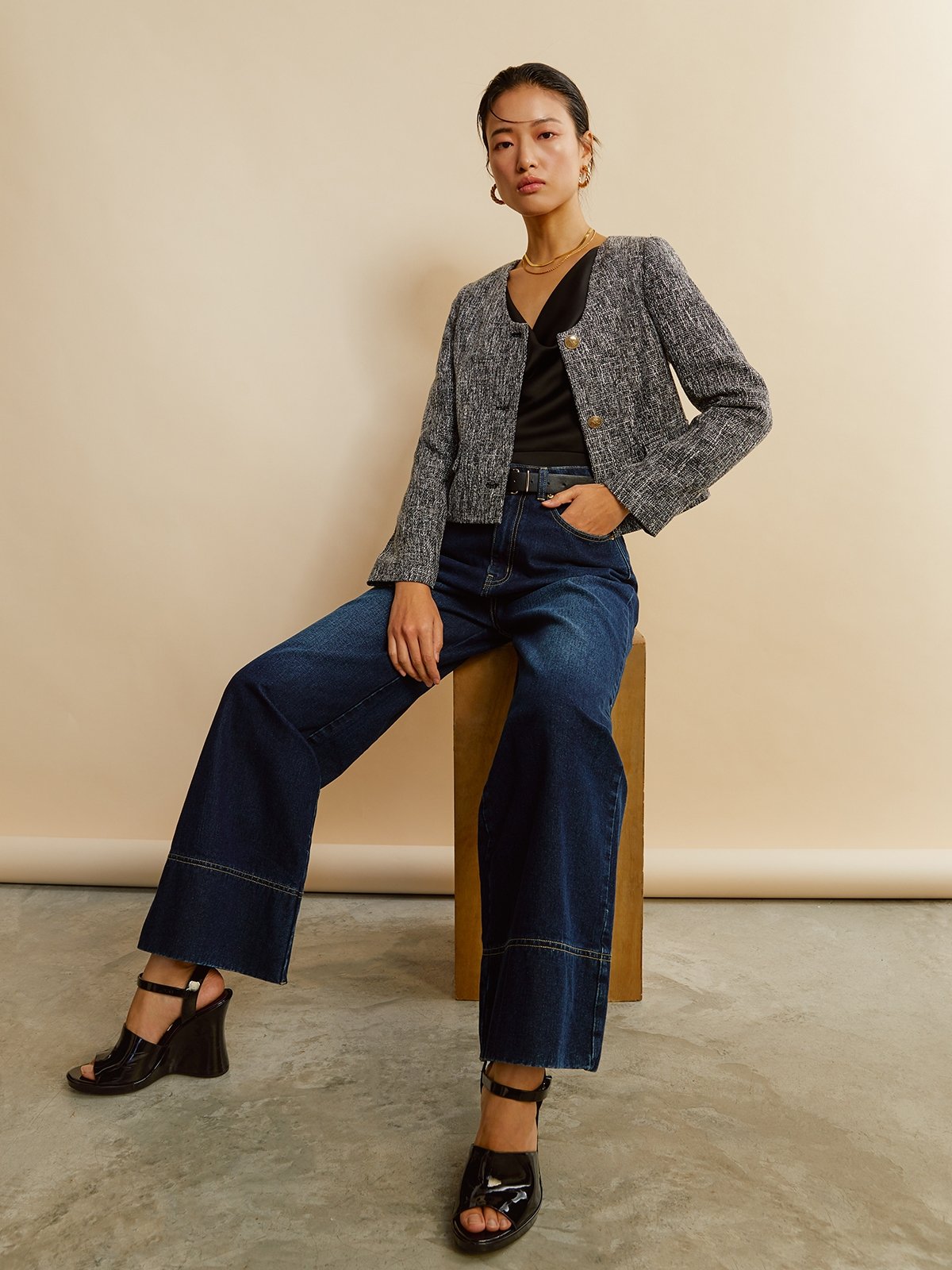 Button Detailed Jacket - Black/White - Pomelo Fashion