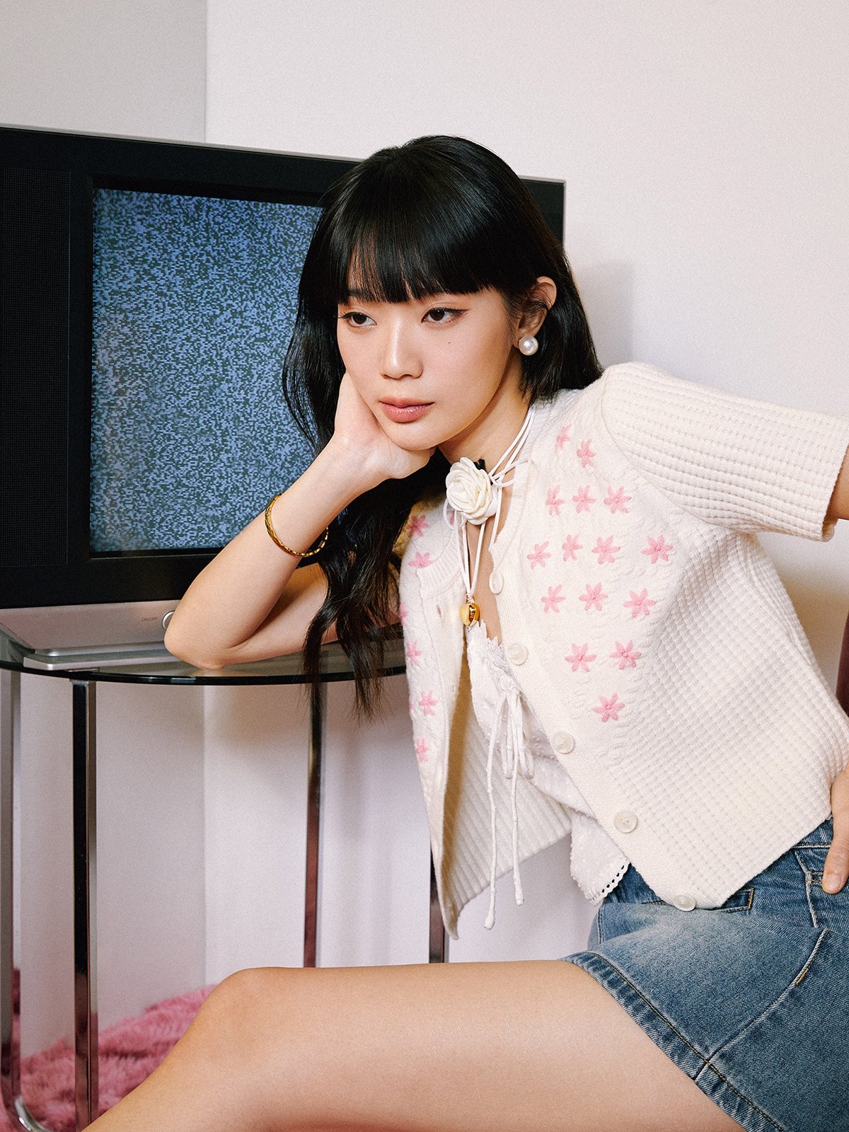 Floral Knitted Short Sleeve Cardigan - Cream - Pomelo Fashion