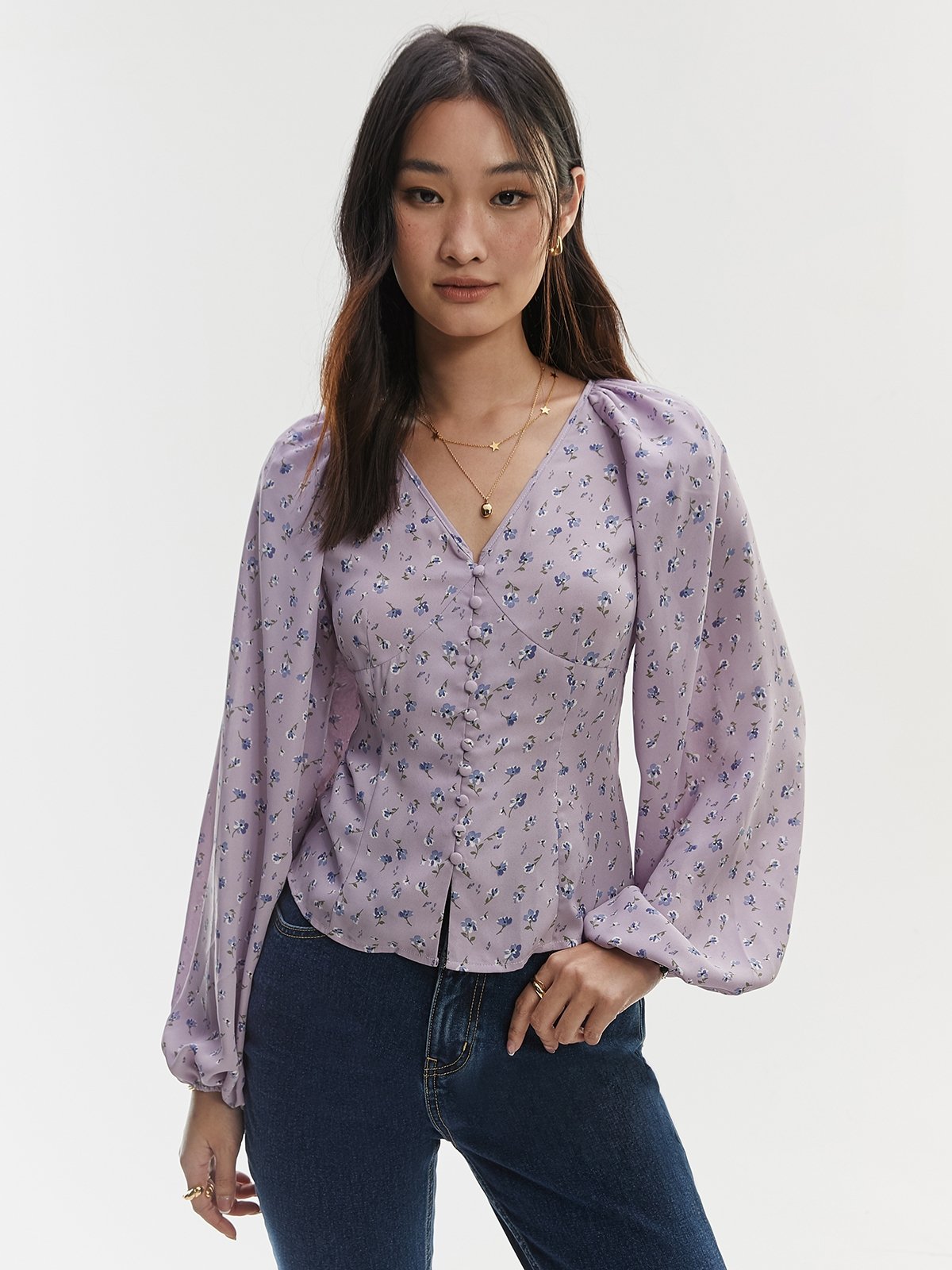 Long Sleeve Blouse - Purple - Pomelo Fashion