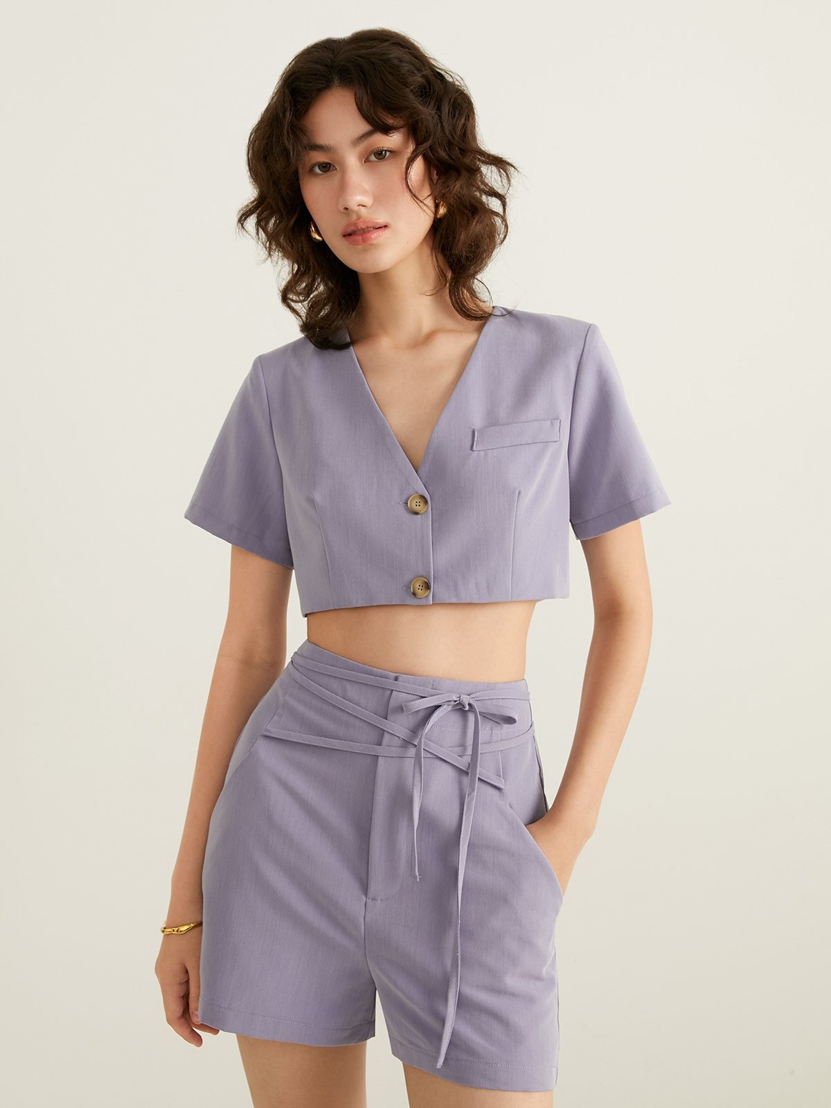 V-neck Crop Top - Purple - Pomelo Fashion