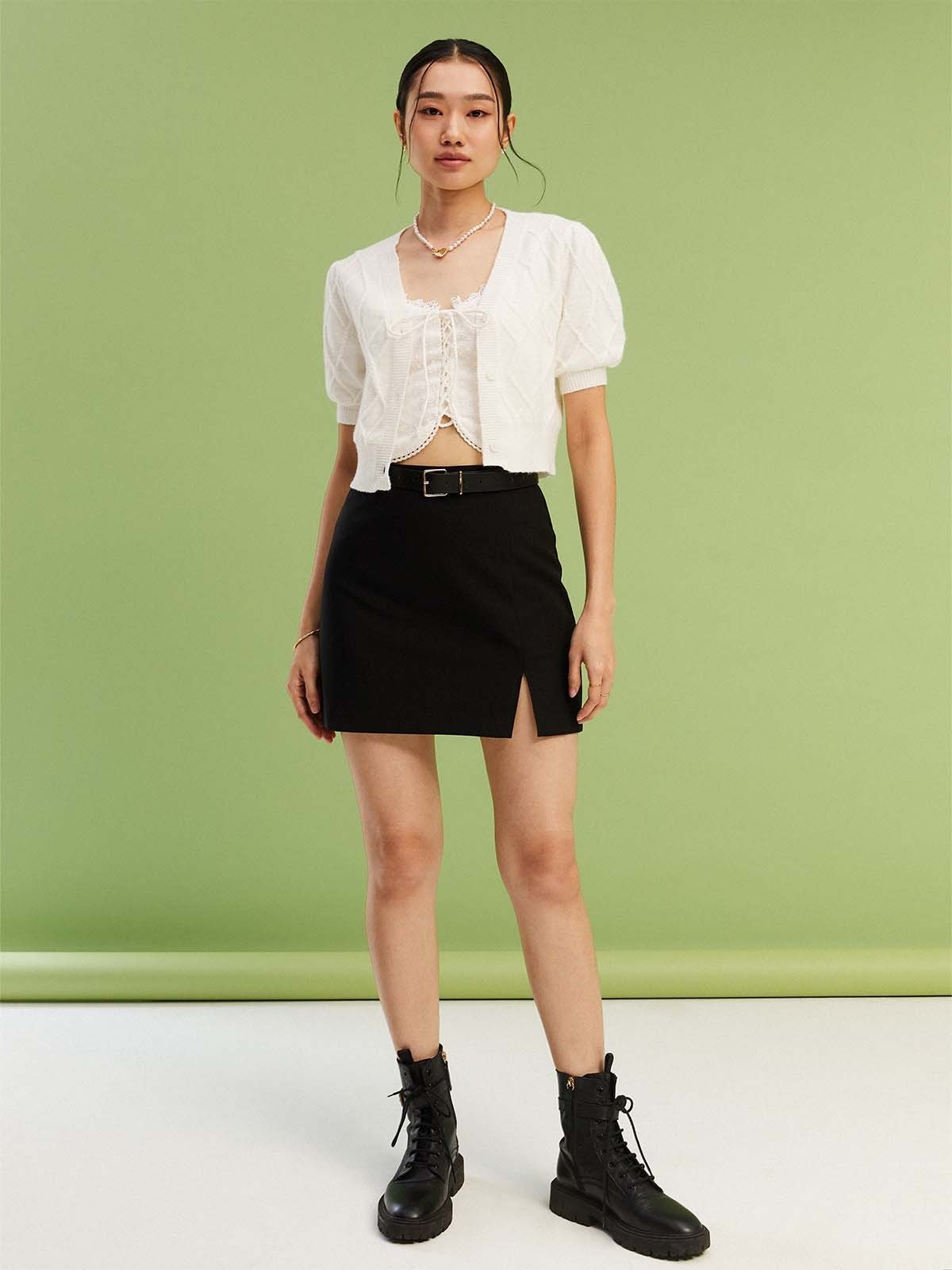 Puffed Sleeve Knit Top - White - Pomelo Fashion Puffed Sleeve Knit Top - White - Pomelo Fashion