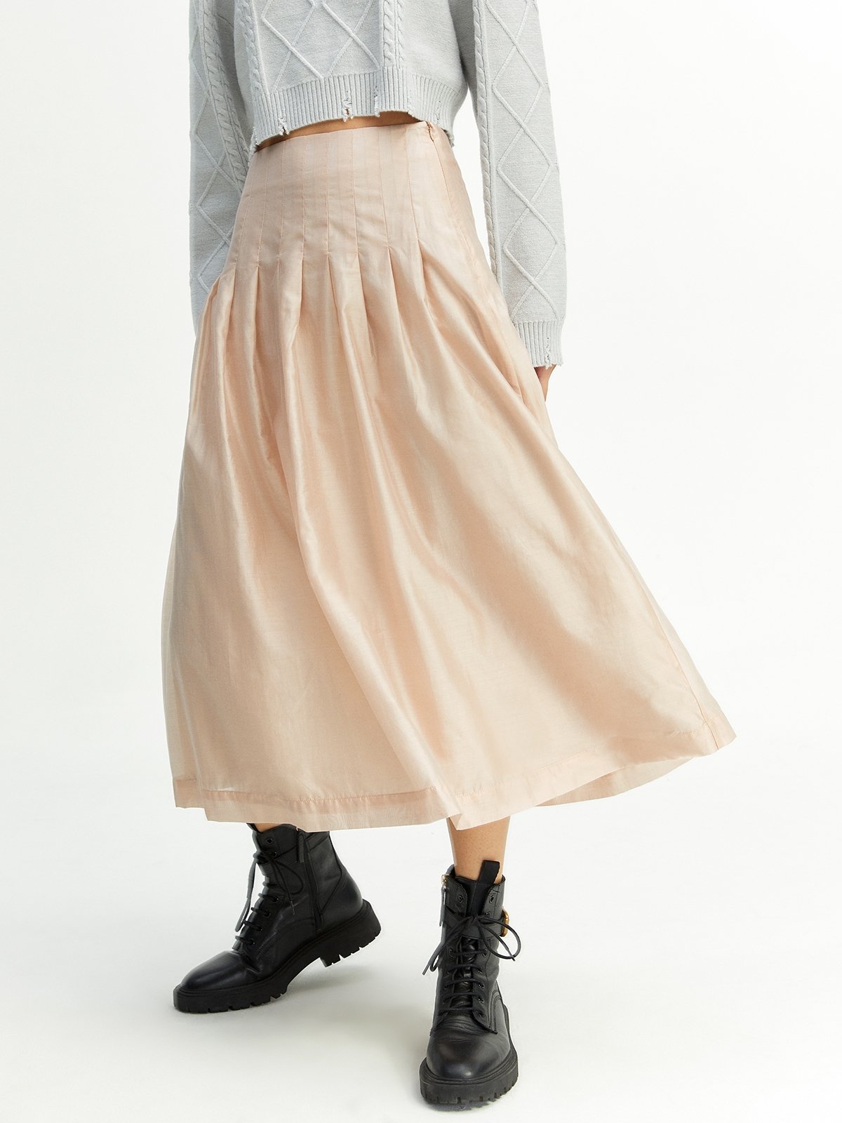Pleated Midi Skirt - Pink - Pomelo Fashion