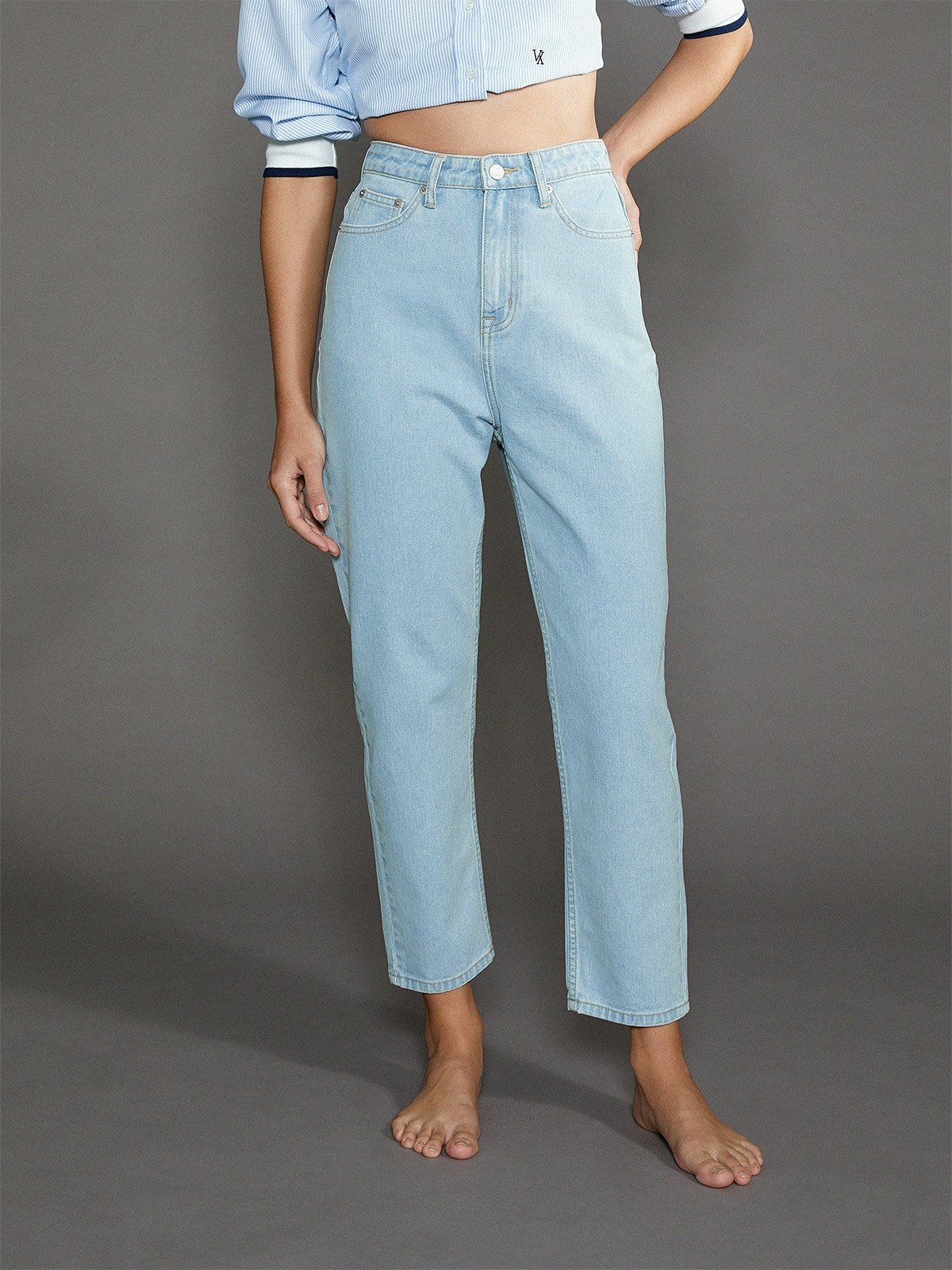 High Waist Cropped Jeans - Blue - Pomelo Fashion