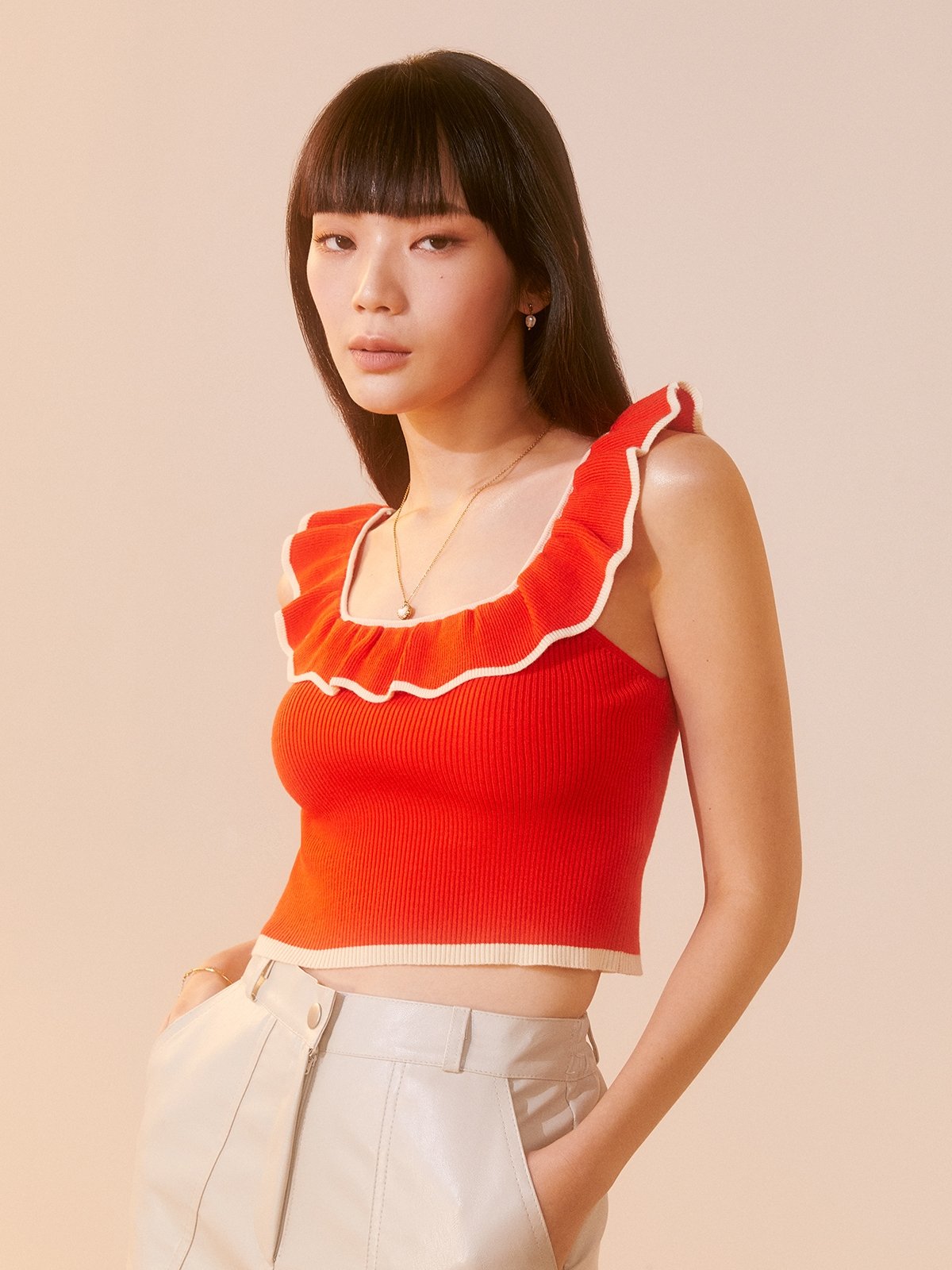 Ruffle Tank Top - Red - Pomelo Fashion