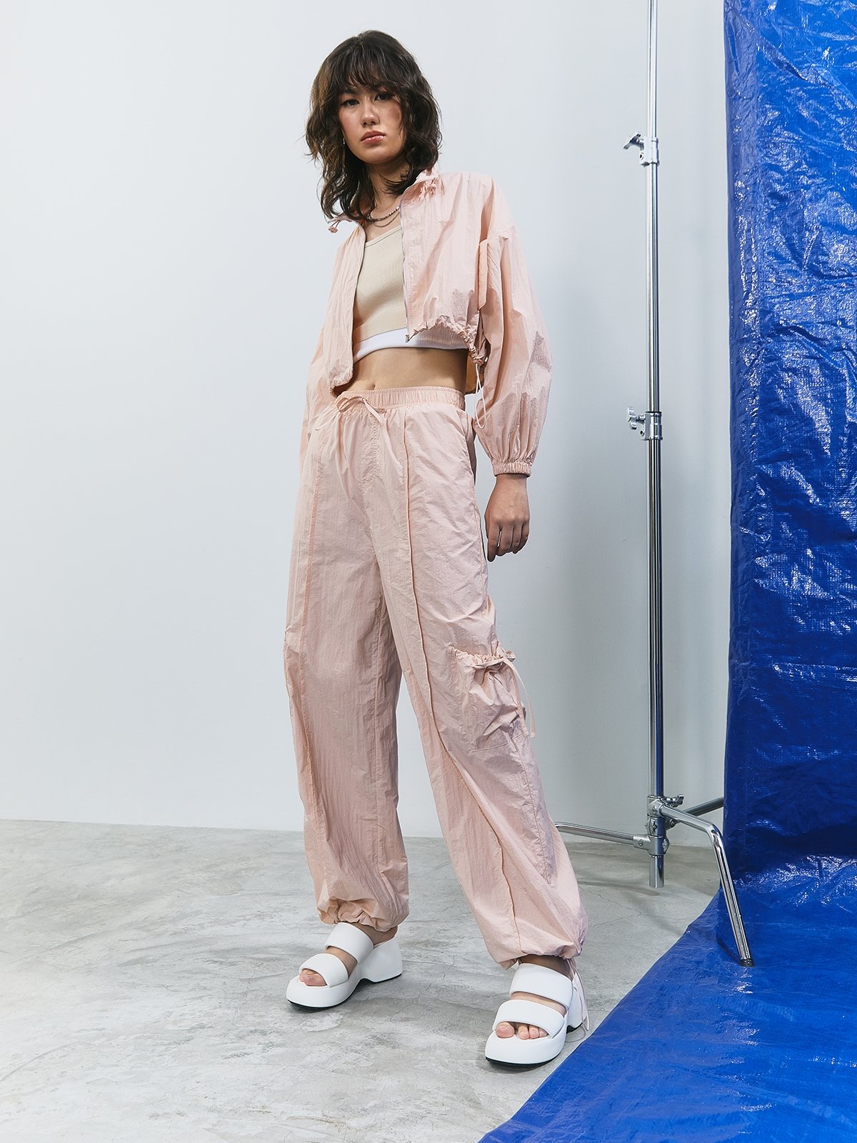 Drawstring Detailed Nylon Pants - Pink - Pomelo Fashion