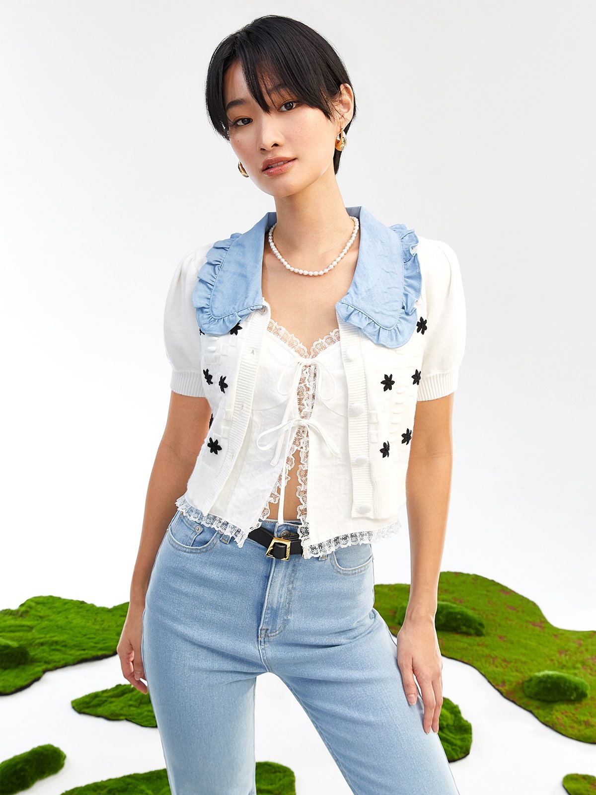 Knitted Floral Pattern Top - White - Pomelo Fashion
