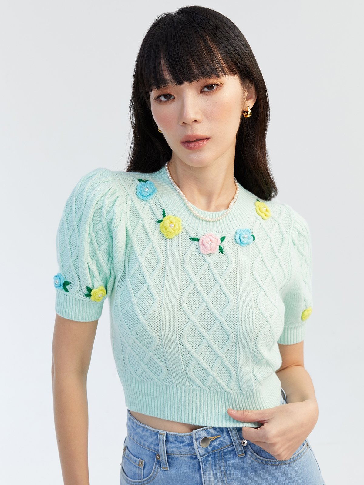 Knitted Floral design Top - Mint - Pomelo Fashion