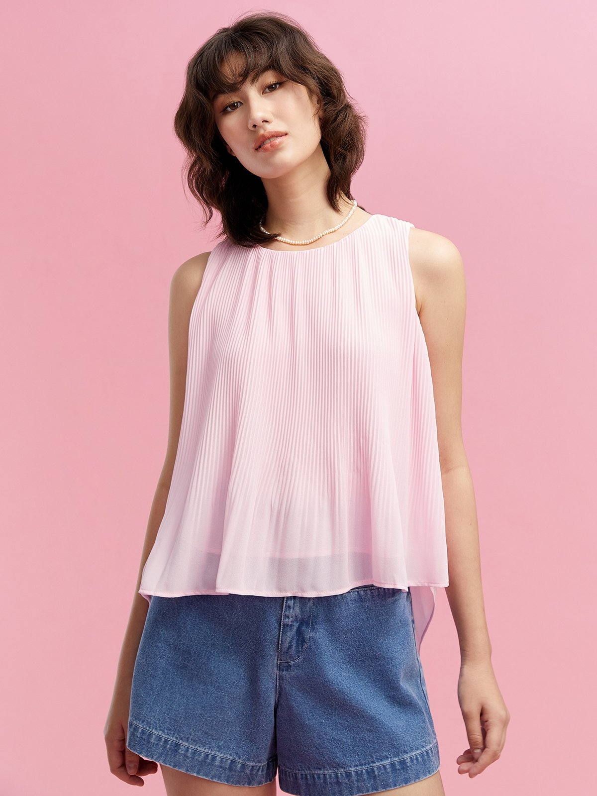 Pleated Sleeveless Top - Pink - Pomelo Fashion