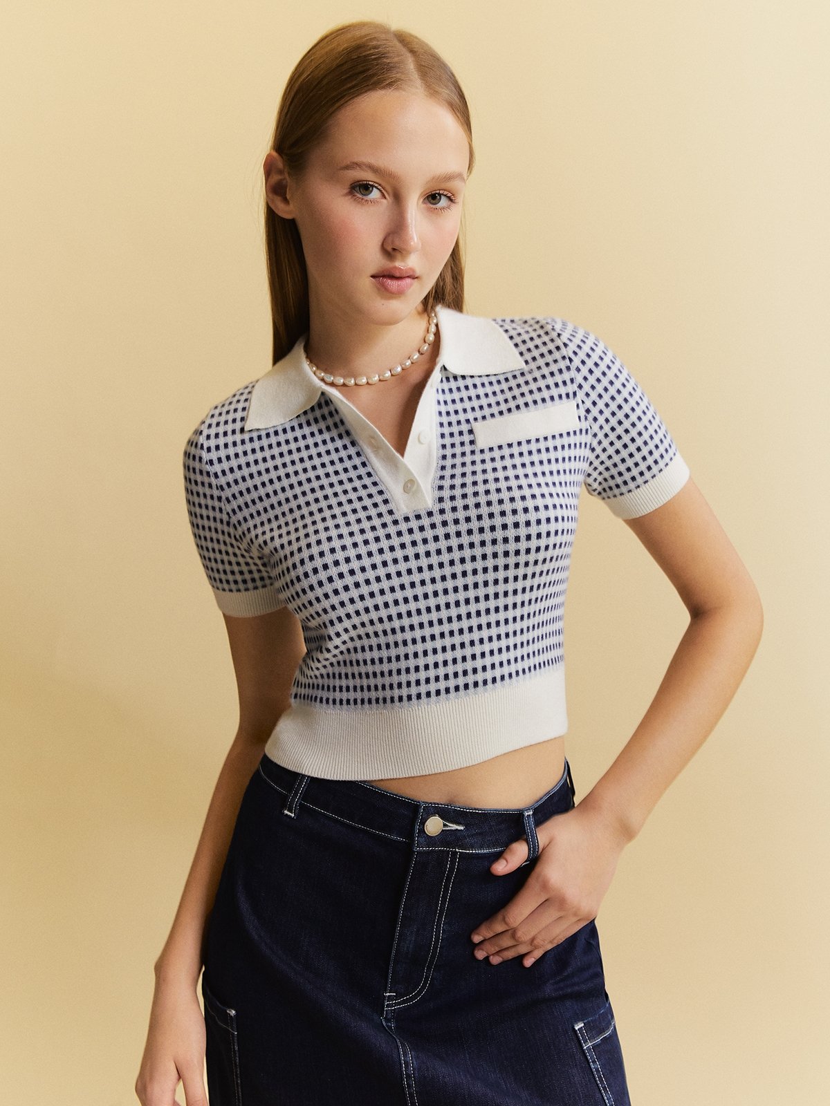 Checkered Knit Top - Off-White - Pomelo Fashion