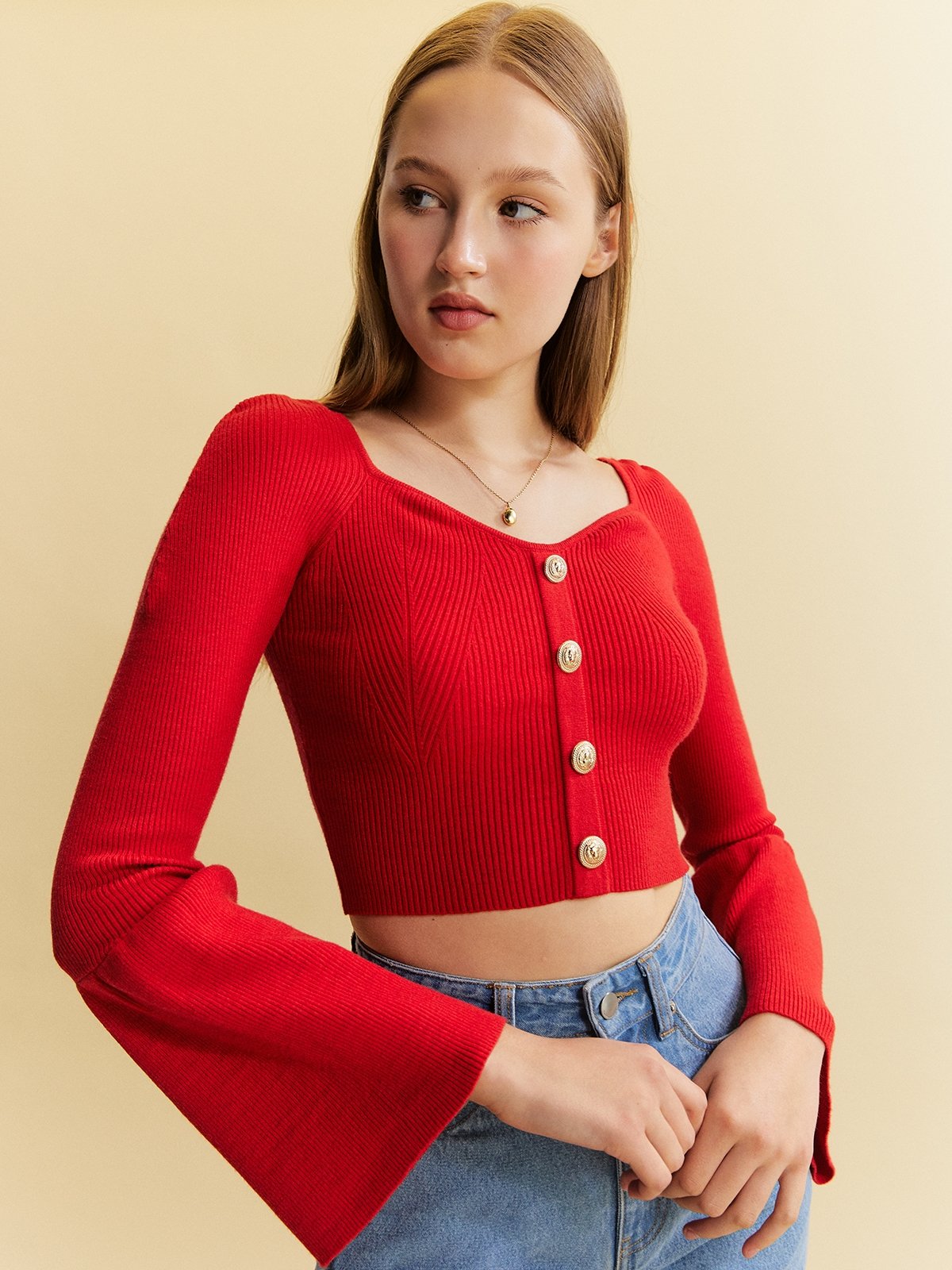Knit Cropped Top - Red - Pomelo Fashion