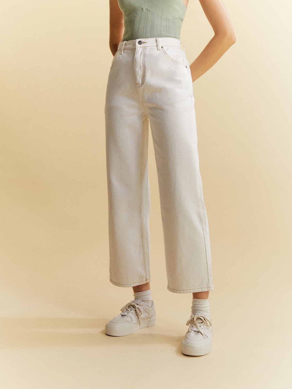 High Waist Straight Jeans - Cream - Pomelo Fashion