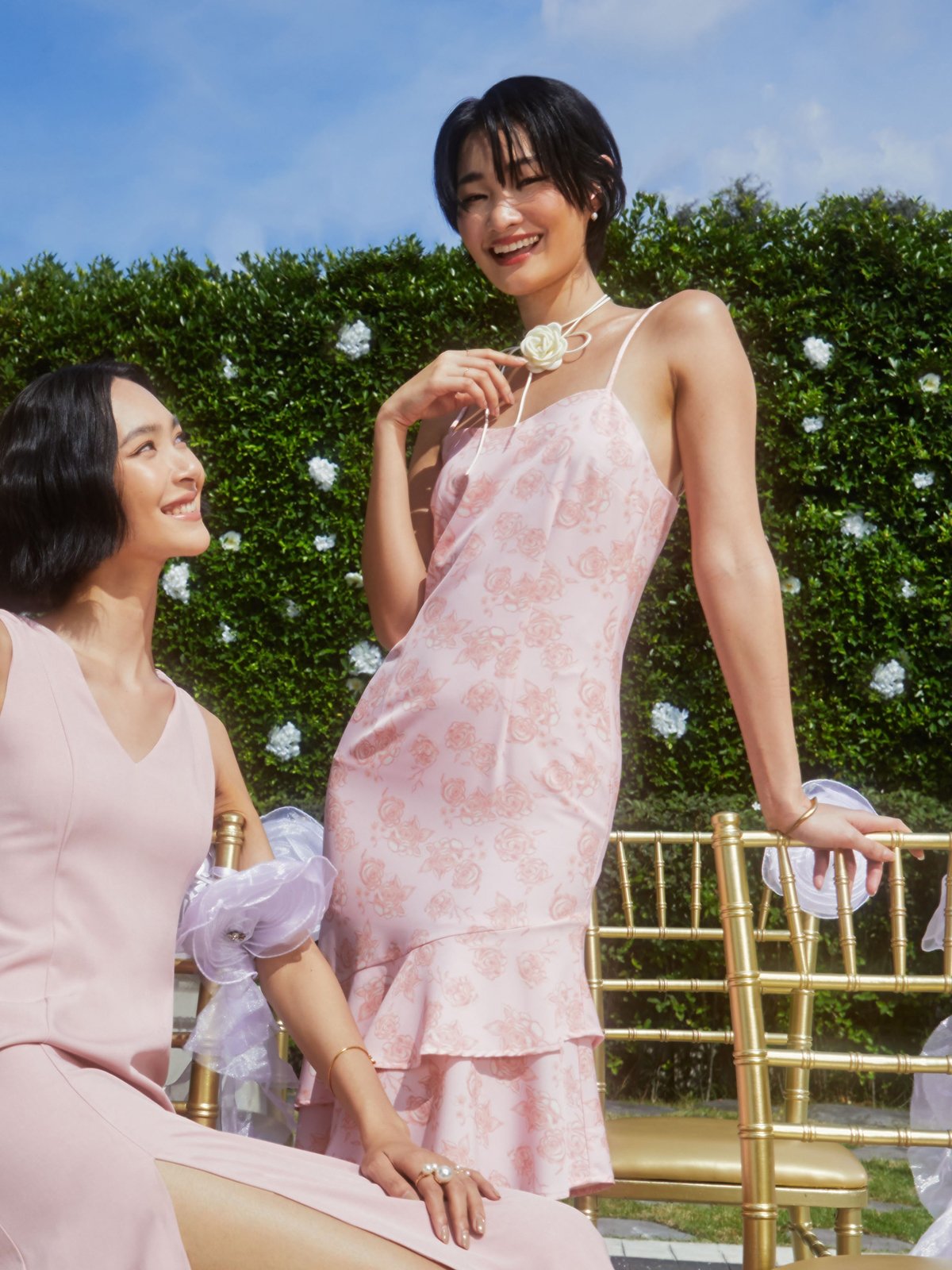 Floral Pattern Midi Dress - Pink - Pomelo Fashion