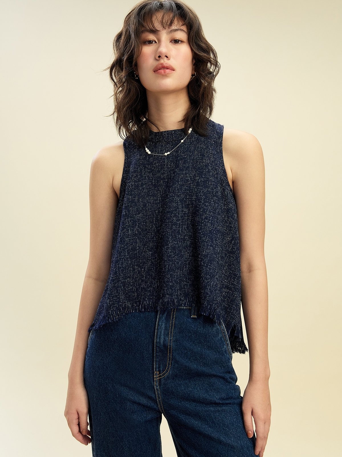 Fringed Hem Sleeveless Top - Navy - Pomelo Fashion