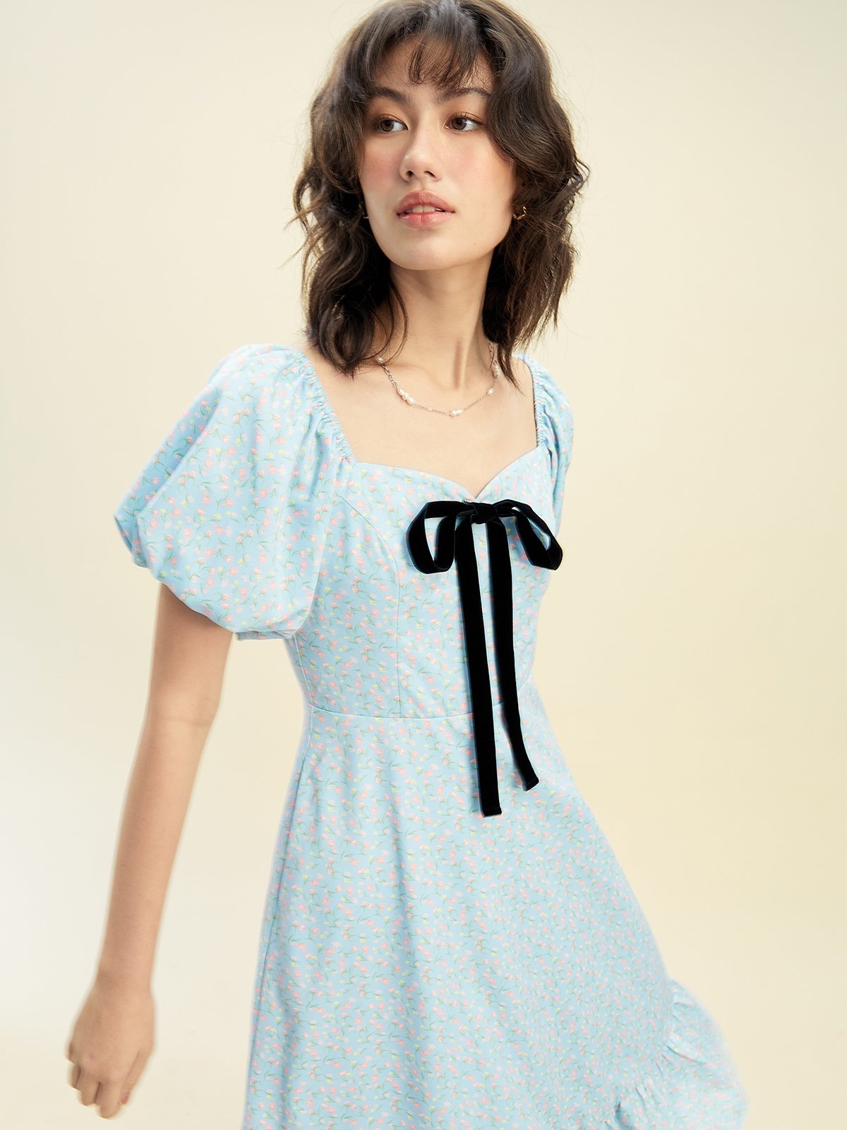 Floral Print Midi Dress Blue Pomelo Fashion