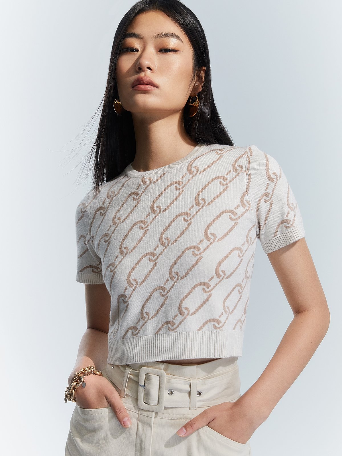 Chain Print Knitted Top - Cream - Pomelo Fashion