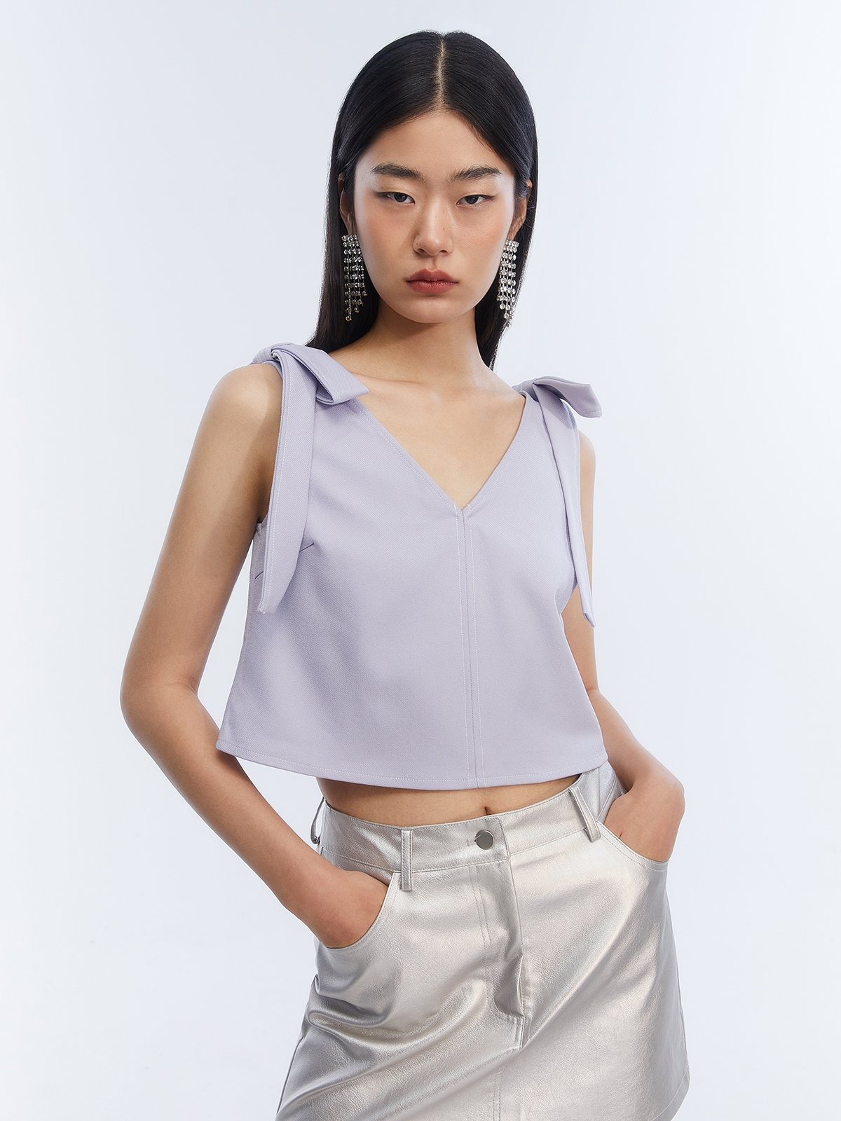 Bow Tie Detail Sleeveless Top - Purple - Pomelo Fashion