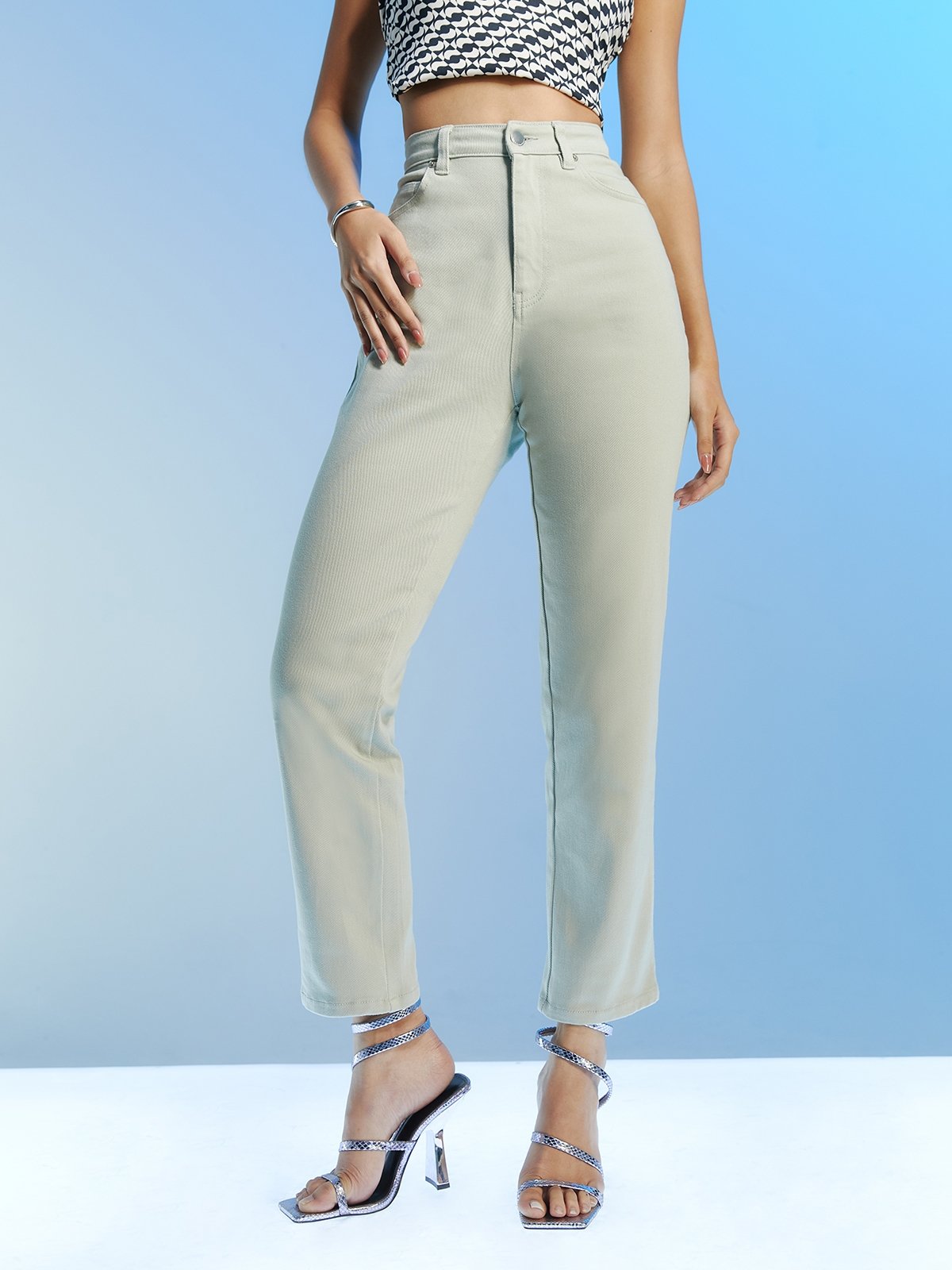 High Waist Straight Jeans - Sage Green - Pomelo Fashion