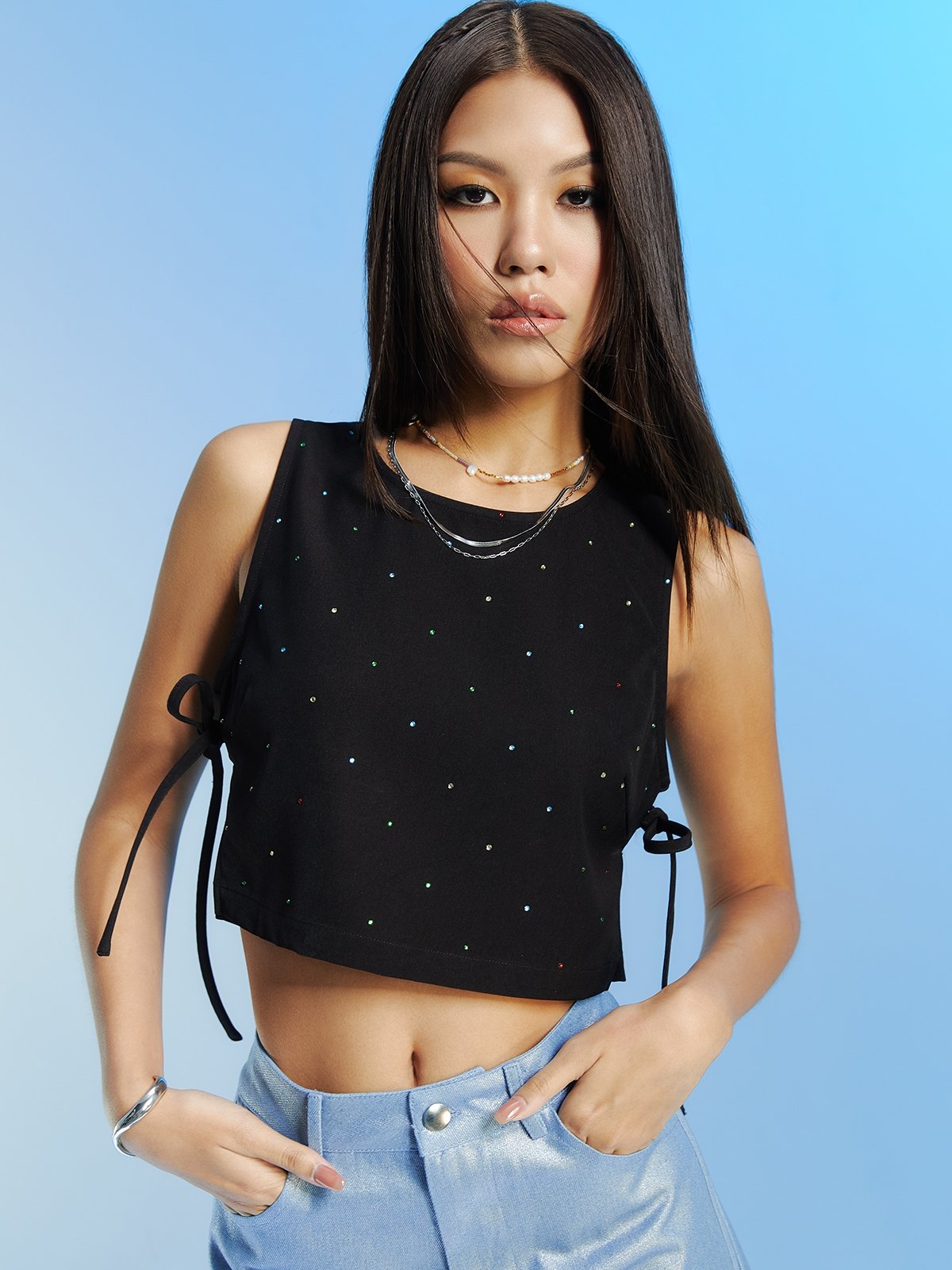 Diamond Embellished Tank Top - Black - Pomelo Fashion