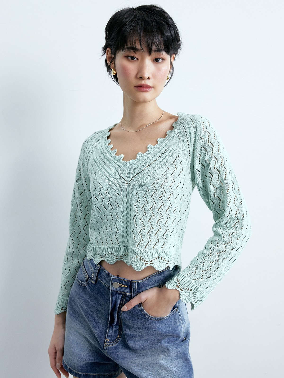Wavy Detailed Neckline Knitted Crop Top - Mint Green - Pomelo Fashion