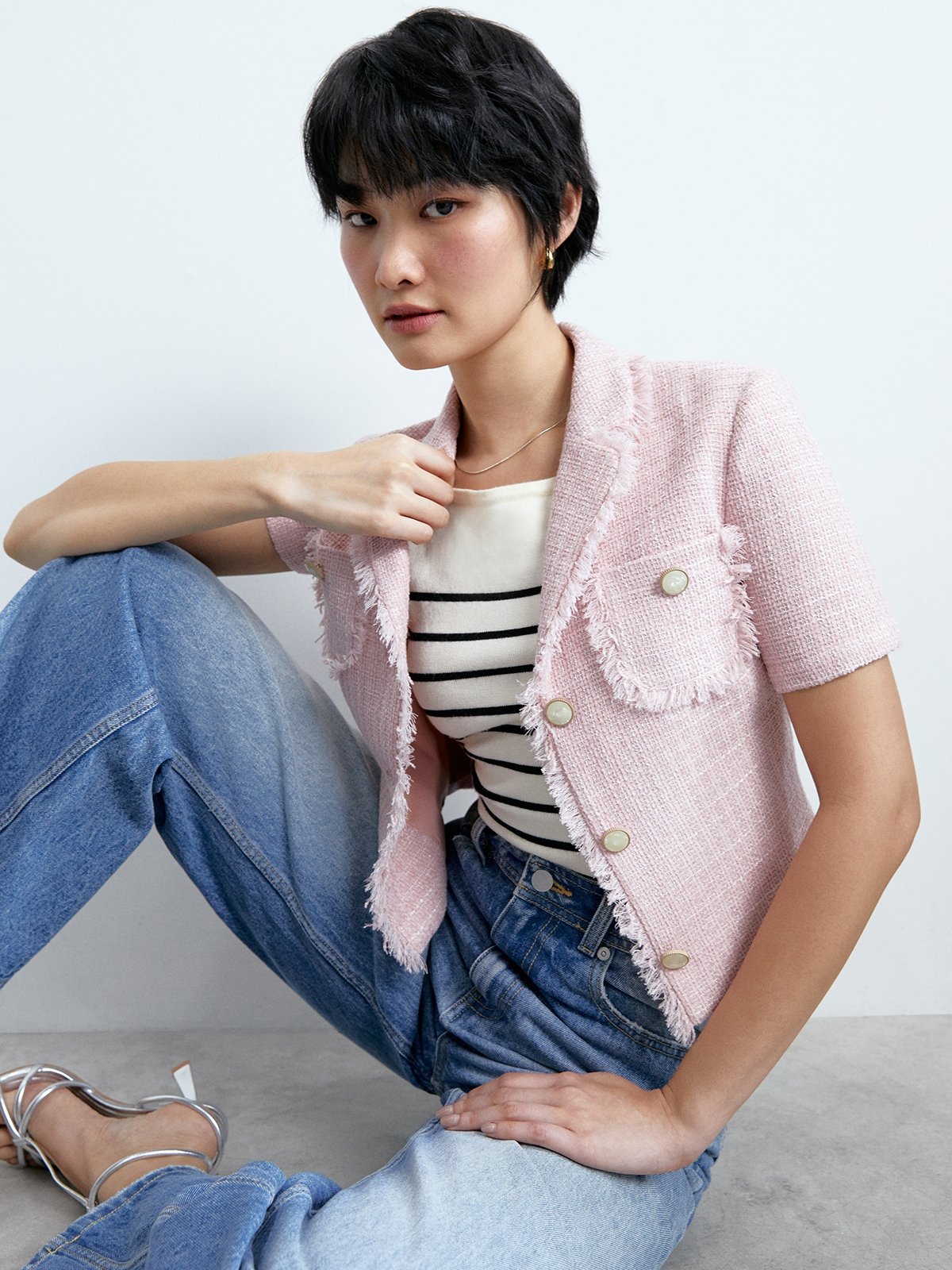 Tweed Fringed Hem Blouse - Light Pink - Pomelo Fashion