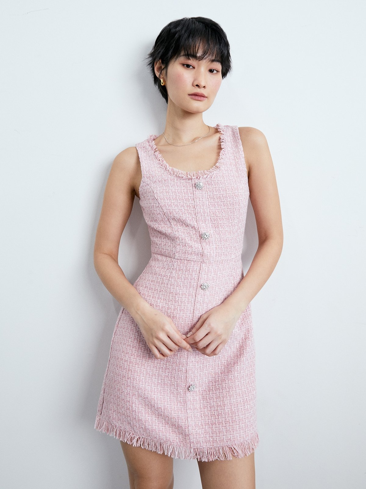 Tweed Frilled Hem Mini Dress - Pink - Pomelo Fashion