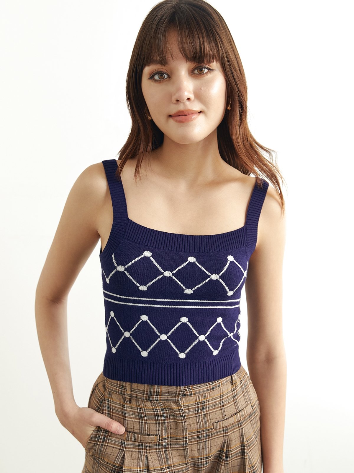 Knitted Square Neck Cami Top - Navy - Pomelo Fashion