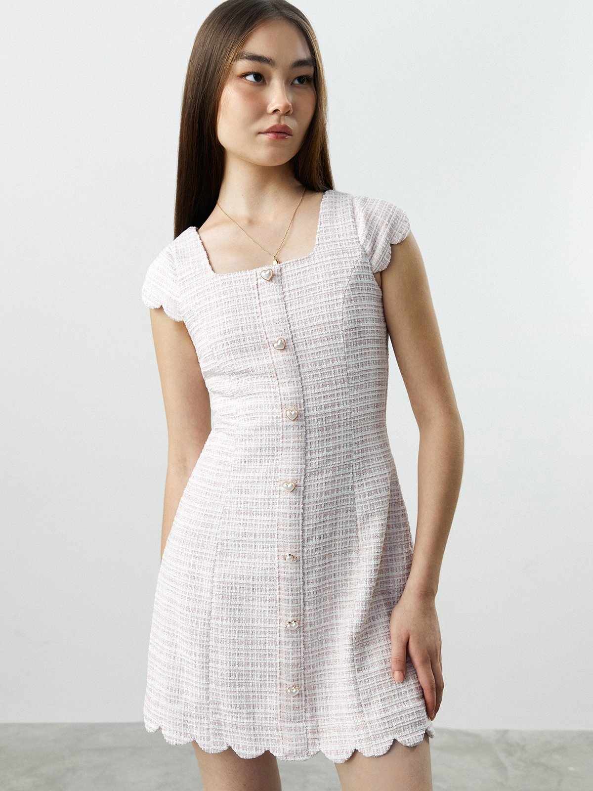 Tweed Button Detail Mini Dress - Pink - Pomelo Fashion