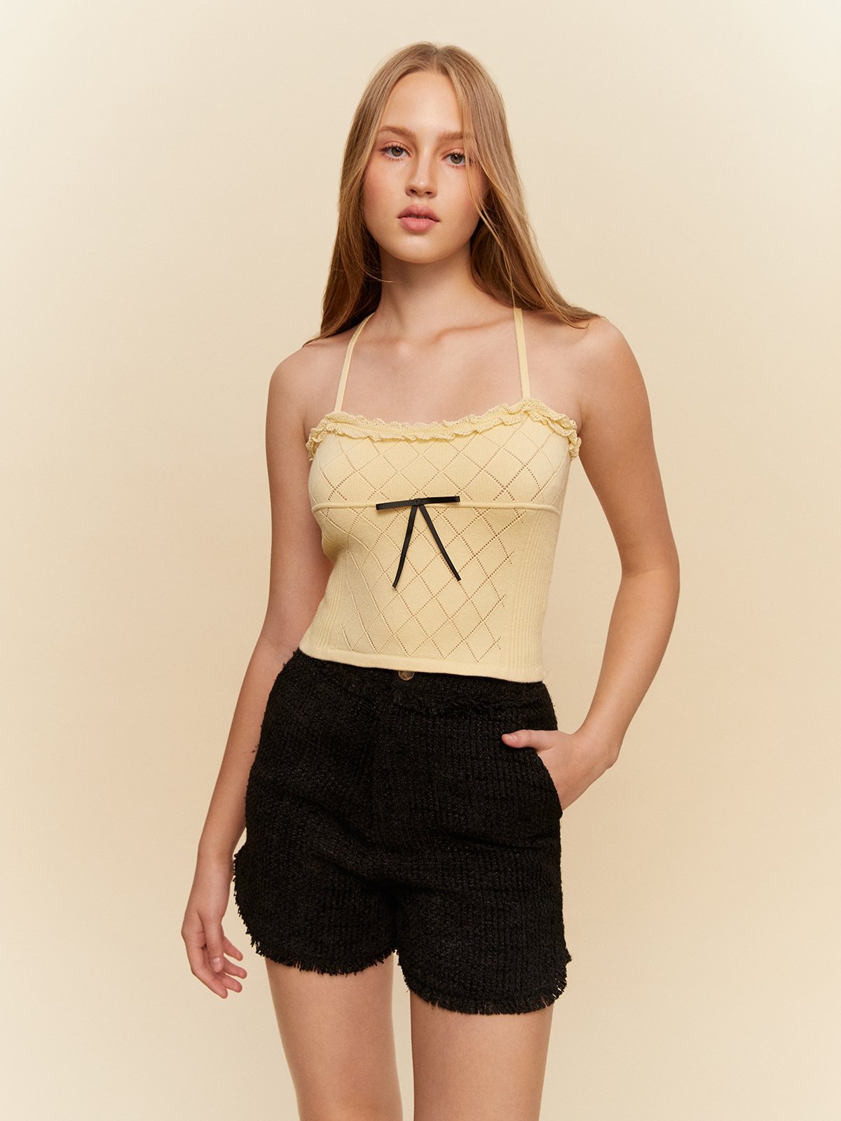 Bow Detail Knitted Tank Top - Yellow - Pomelo Fashion