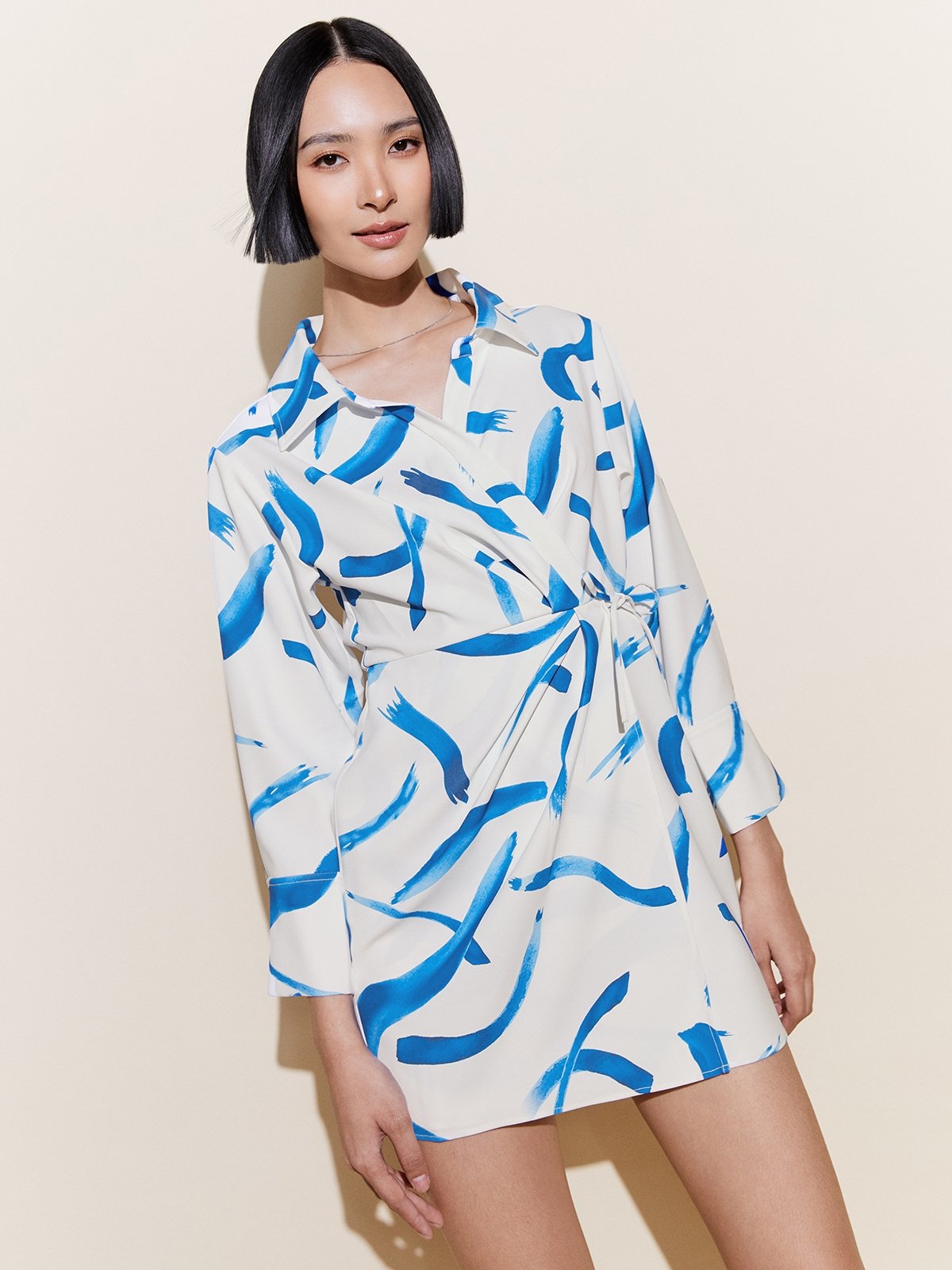 Printed Robe Mini Dress - Blue - Pomelo Fashion