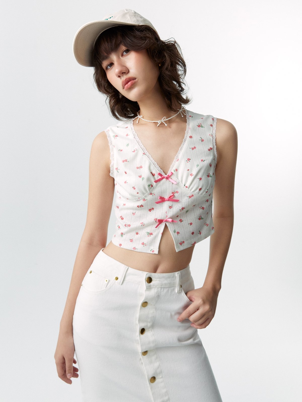 Floral Print Tank Top - White - Pomelo Fashion