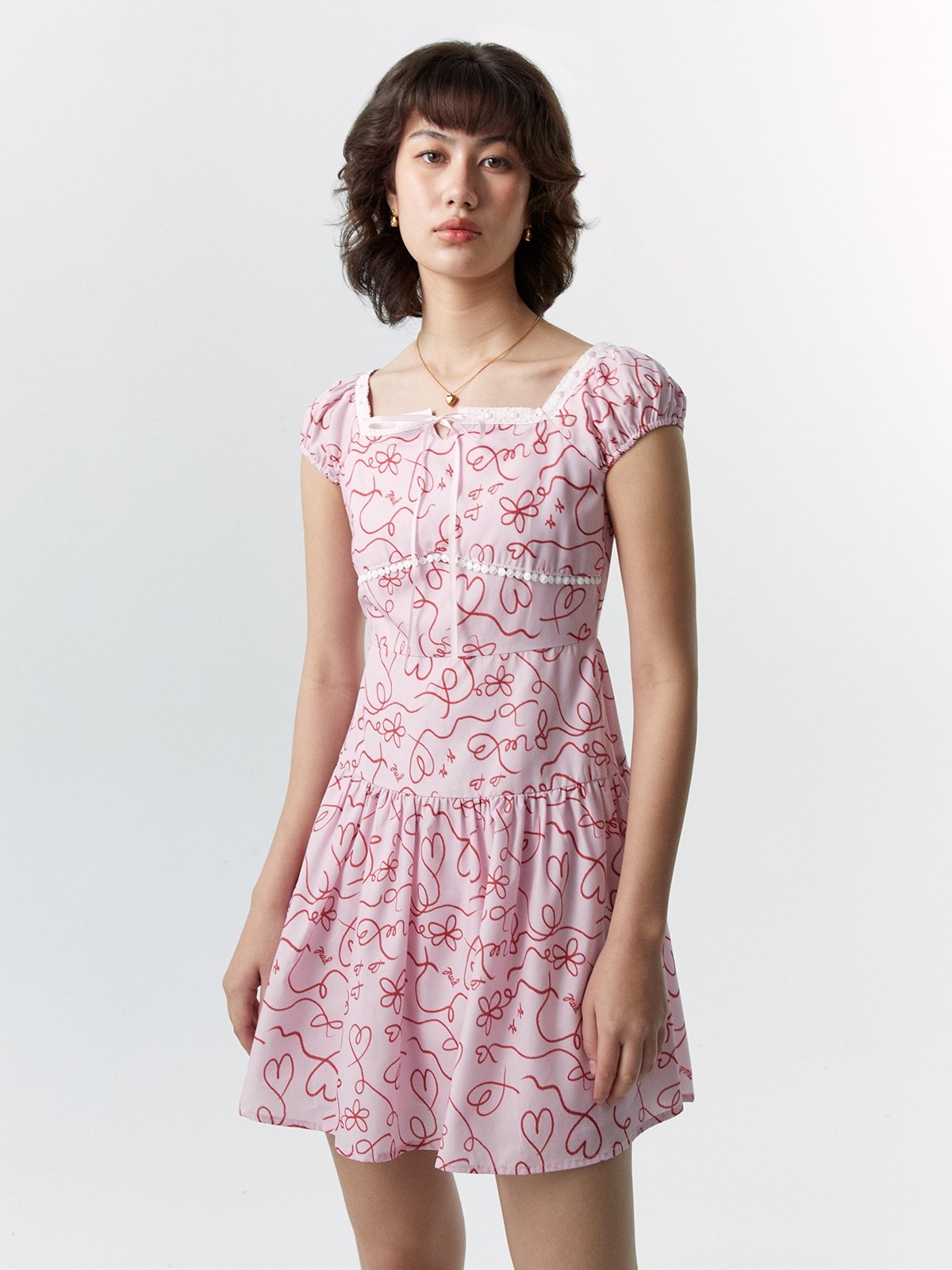 Heart Design Puffed Sleeve Mini Dress - Pink - Pomelo Fashion