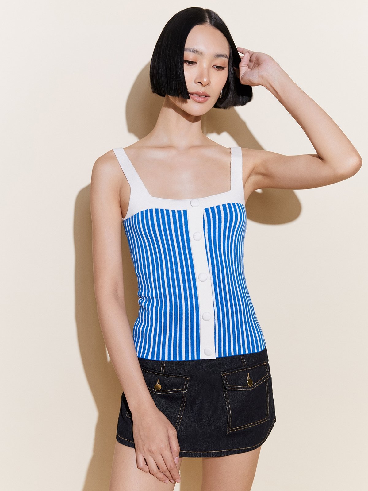 Knitted Pinstripe Square Tank Top - Baby Blue - Pomelo Fashion