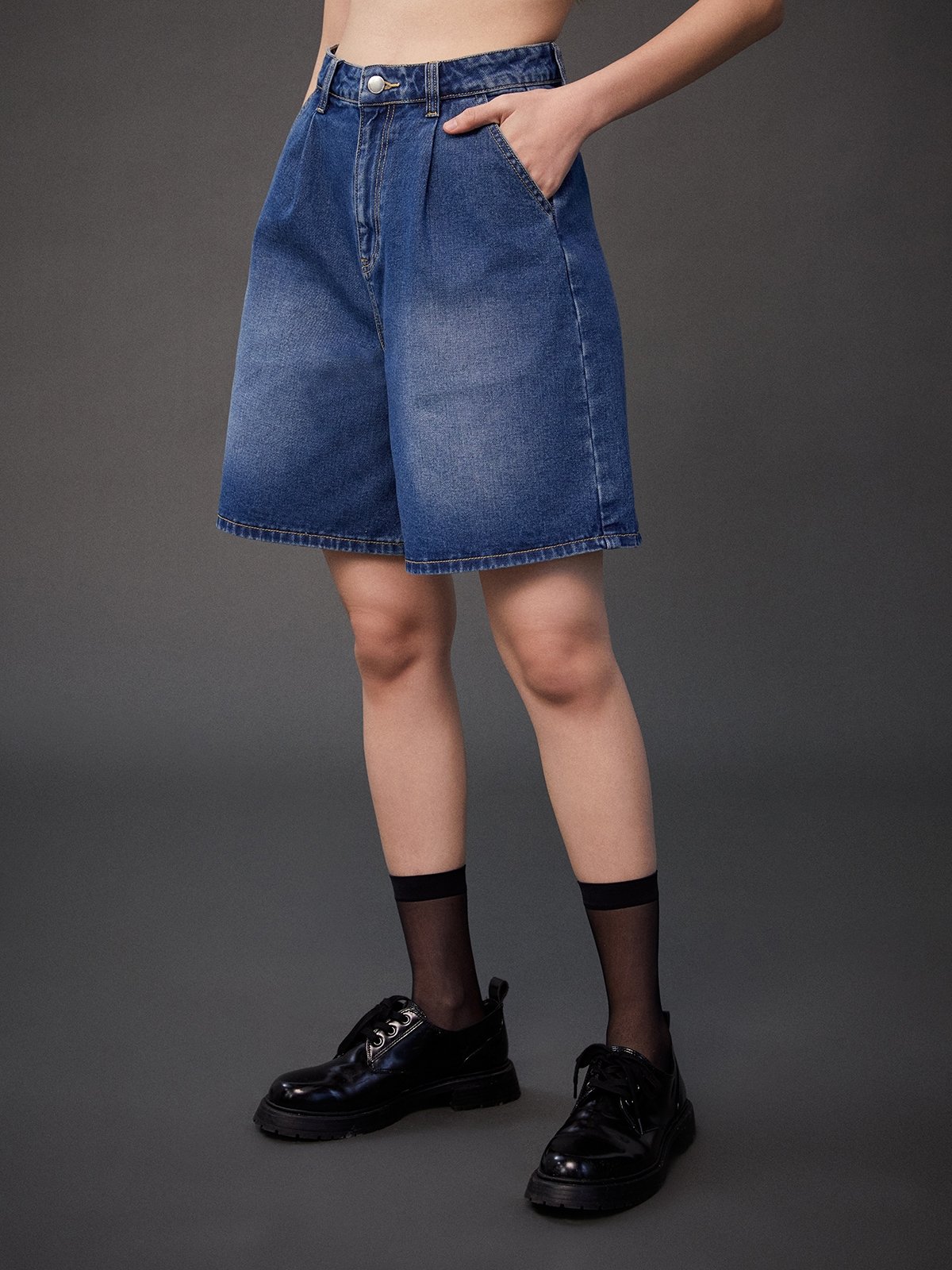 Heart Patch Wide Leg Denim Shorts Blue Pomelo Fashion