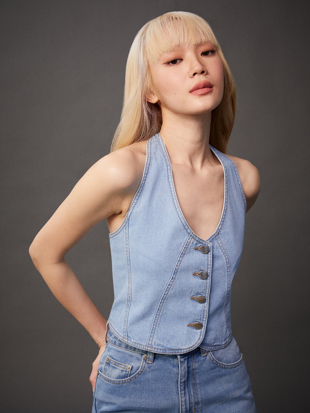 Button Up Denim Sleeveless Halter Top - Blue - Pomelo Fashion