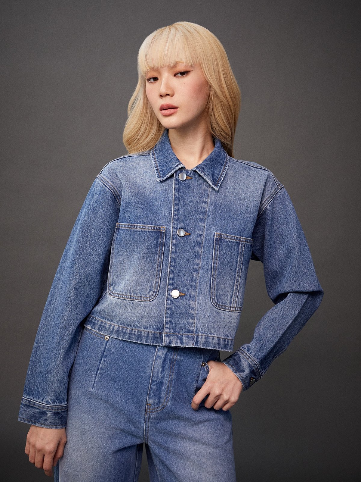 Button Up Denim Jacket - Blue - Pomelo Fashion