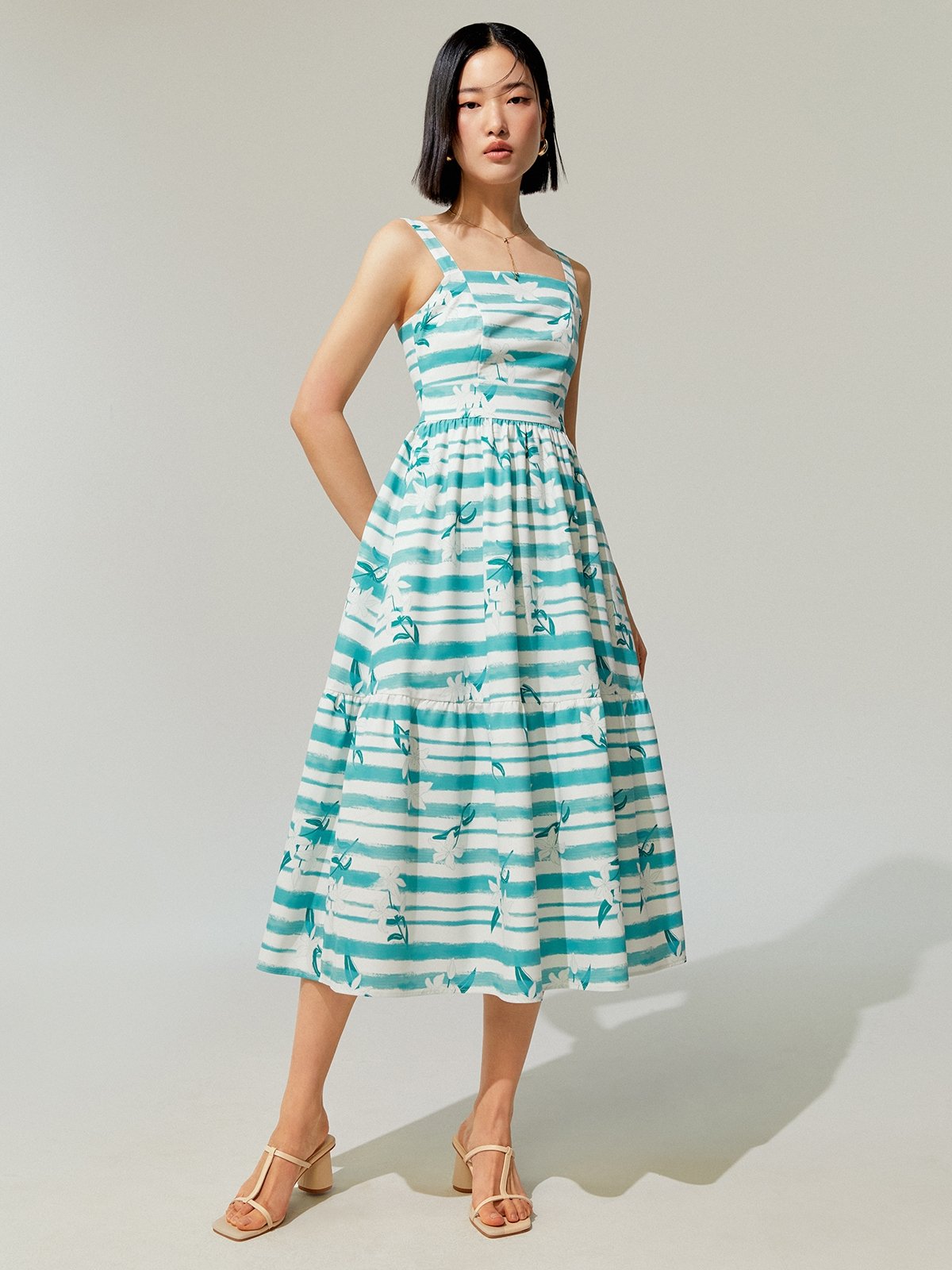 Flower Printed Stripe Midi Dress - Green - Pomelo Fashion