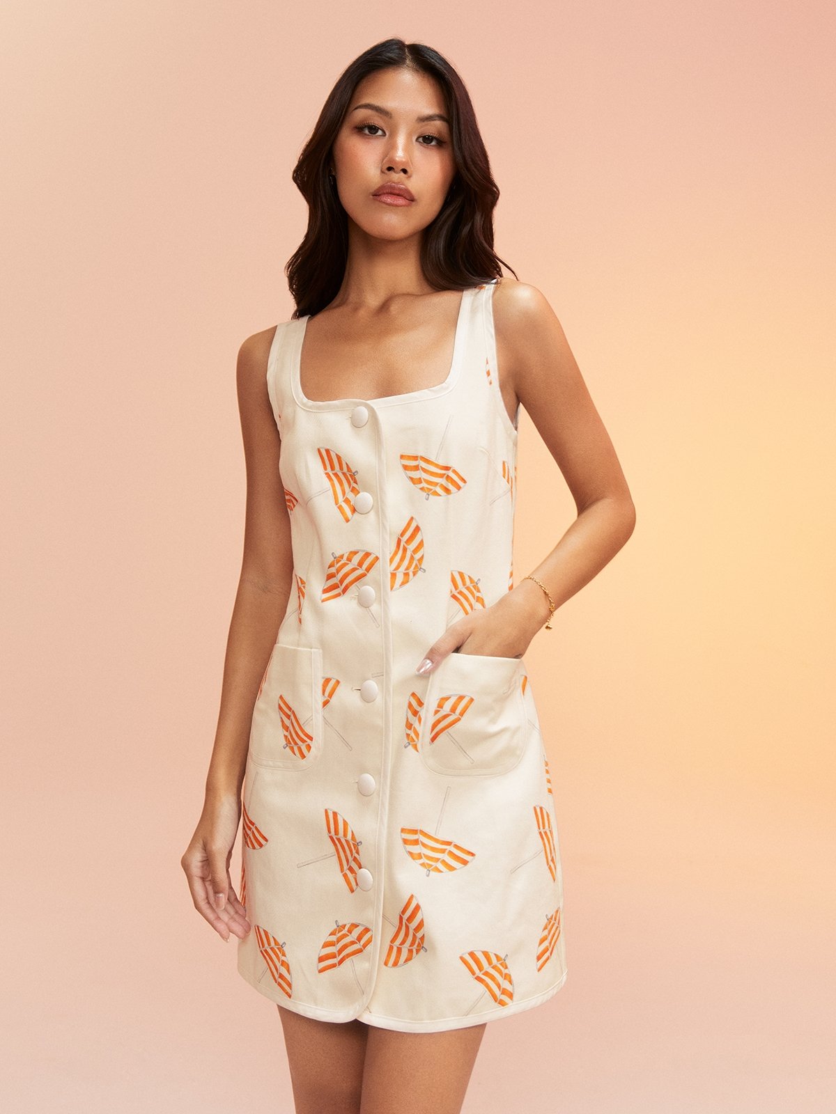 Printed Button Up Square Neck Mini Dress - Multi Color - Pomelo Fashion