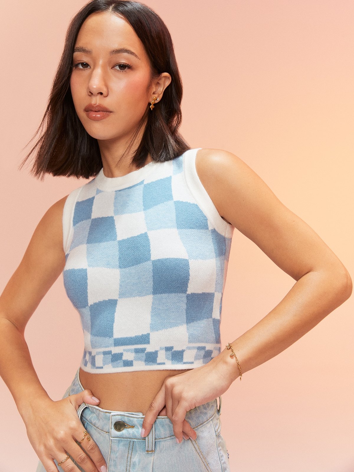 Checkerboard Knitted Tank Top - Multi Color - Pomelo Fashion