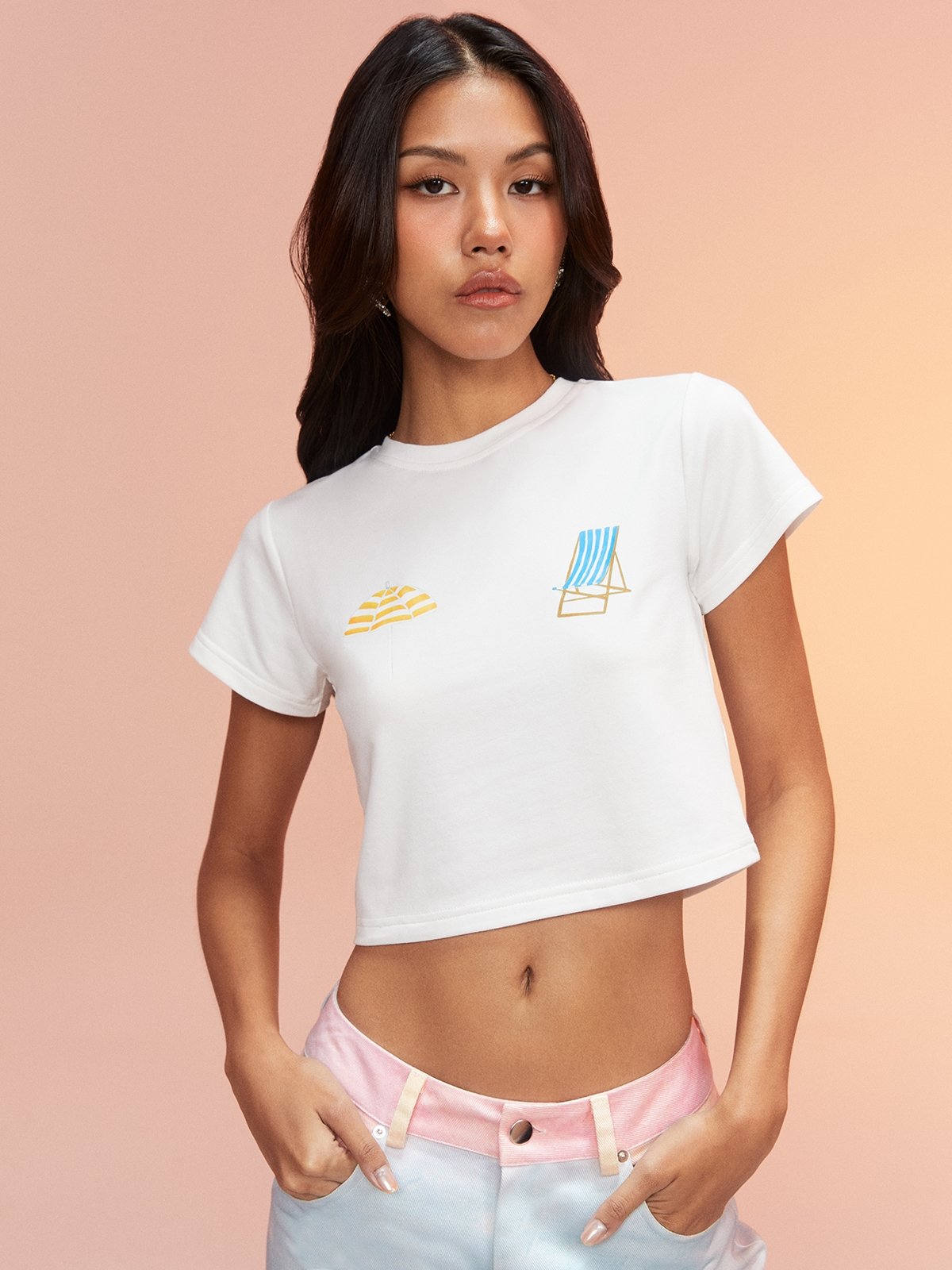 Sunny Day Printed Crop Mini Tee - White - Pomelo Fashion