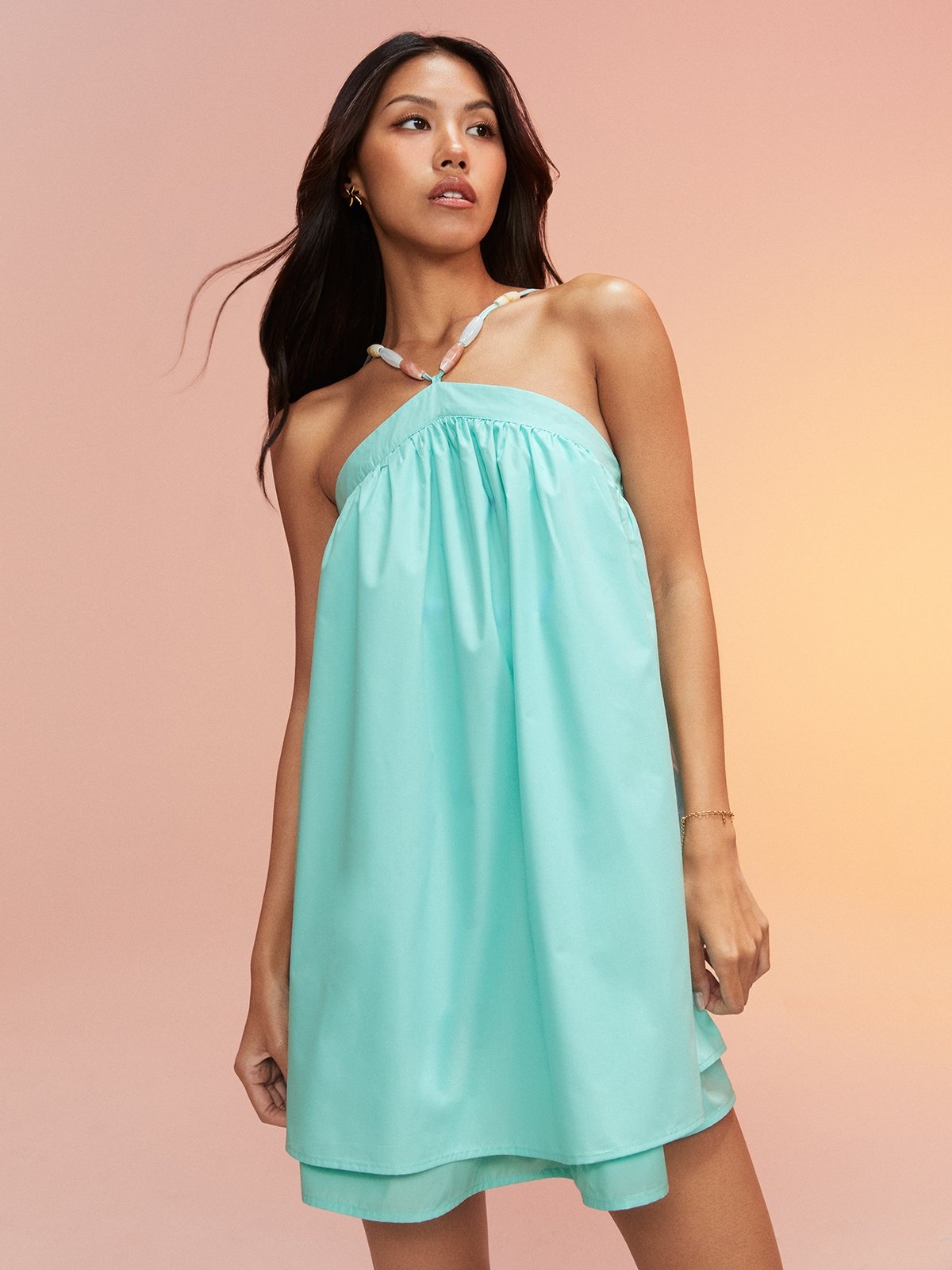 Bead Embellished Ruffle Halter Mini Dress - Green - Pomelo Fashion