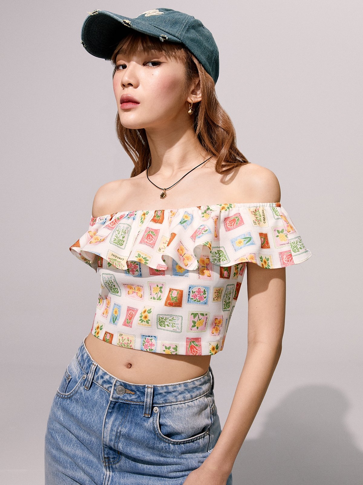 Botanica Printed Ruffled Detail Off-Shoulder Top - Multi Color - Pomelo ...