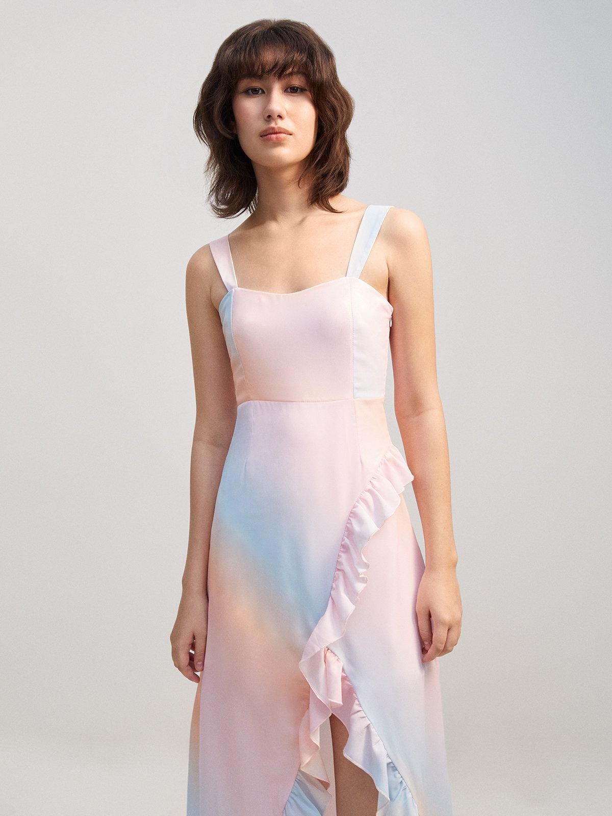 Ruffled Trim Detail Side-Split Gradient Maxi Dress - Multi Color ...