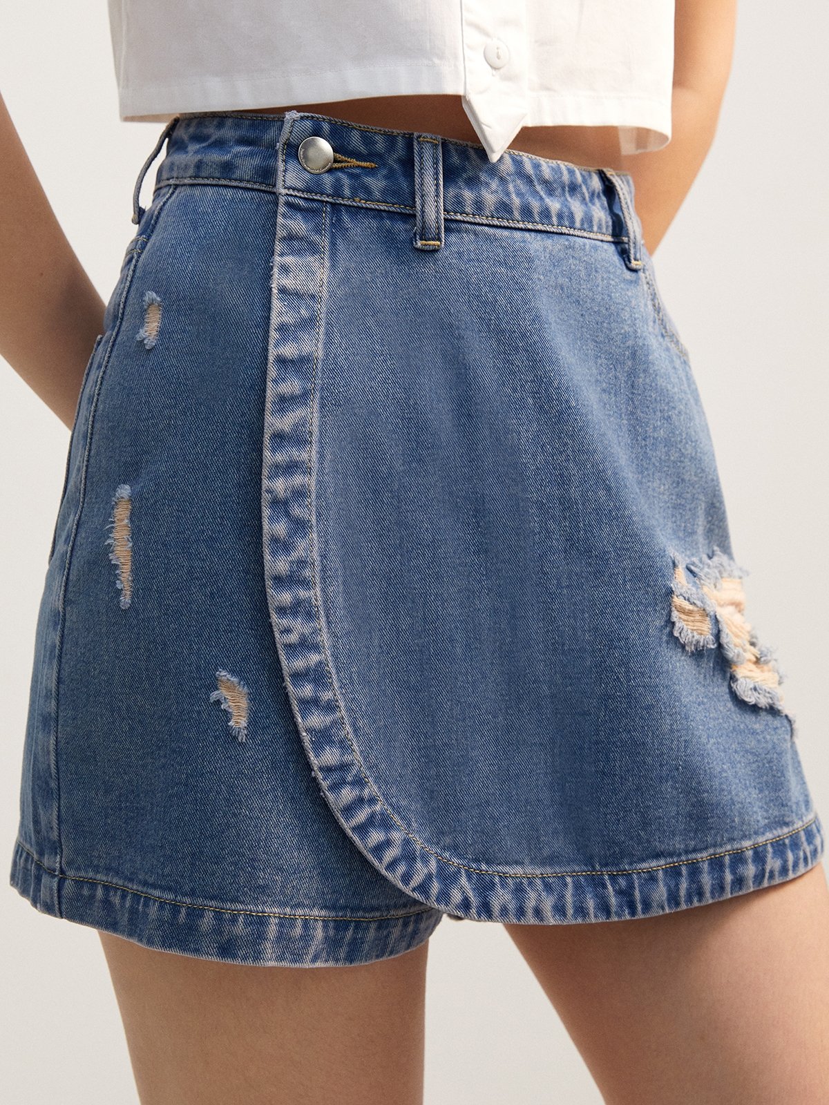 Wrap Denim Skorts with Ripped Detail - Baby Blue - Pomelo Fashion