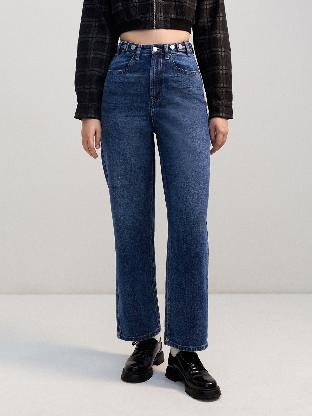Adjustable Waist Straight Jeans with Button Detail - Blue - Pomelo Fashion