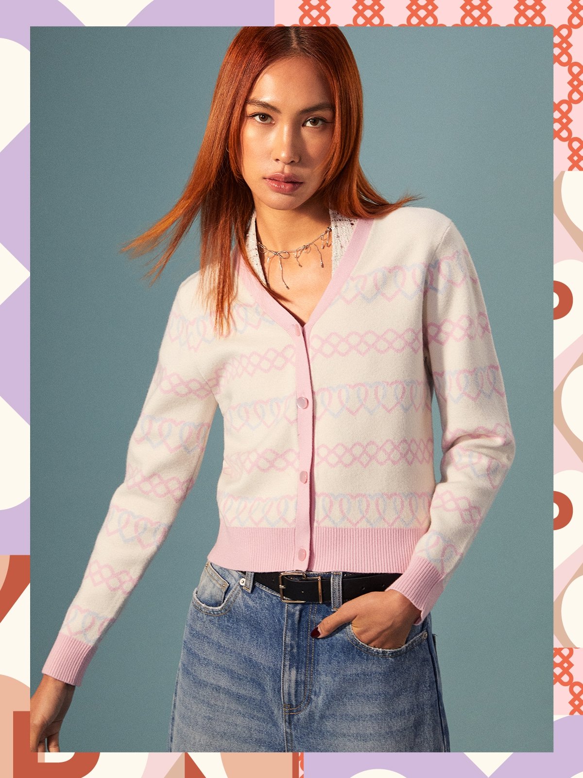 Double Weave Printed Knit Cardigan - Multi Color - Pomelo Fashion