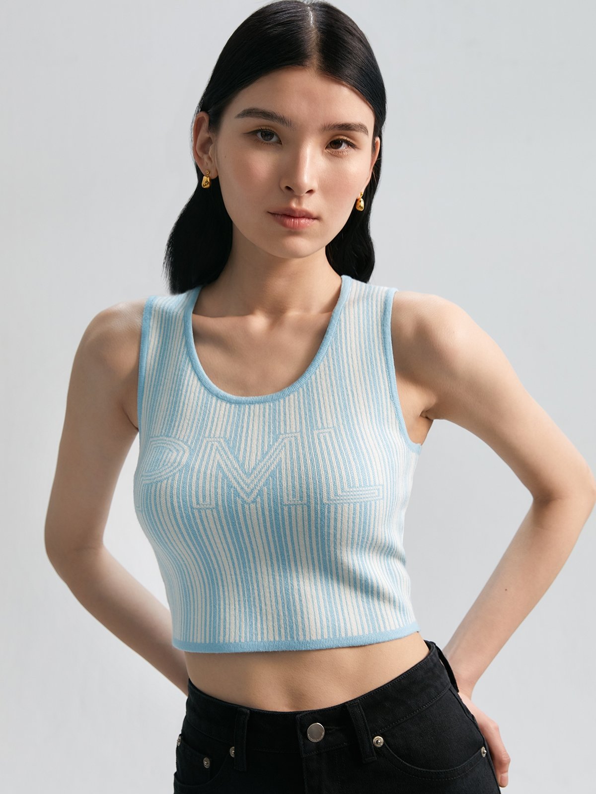 PML Printed Two Tone Knitted Pinstripe Cami Top - Light Blue - Pomelo ...